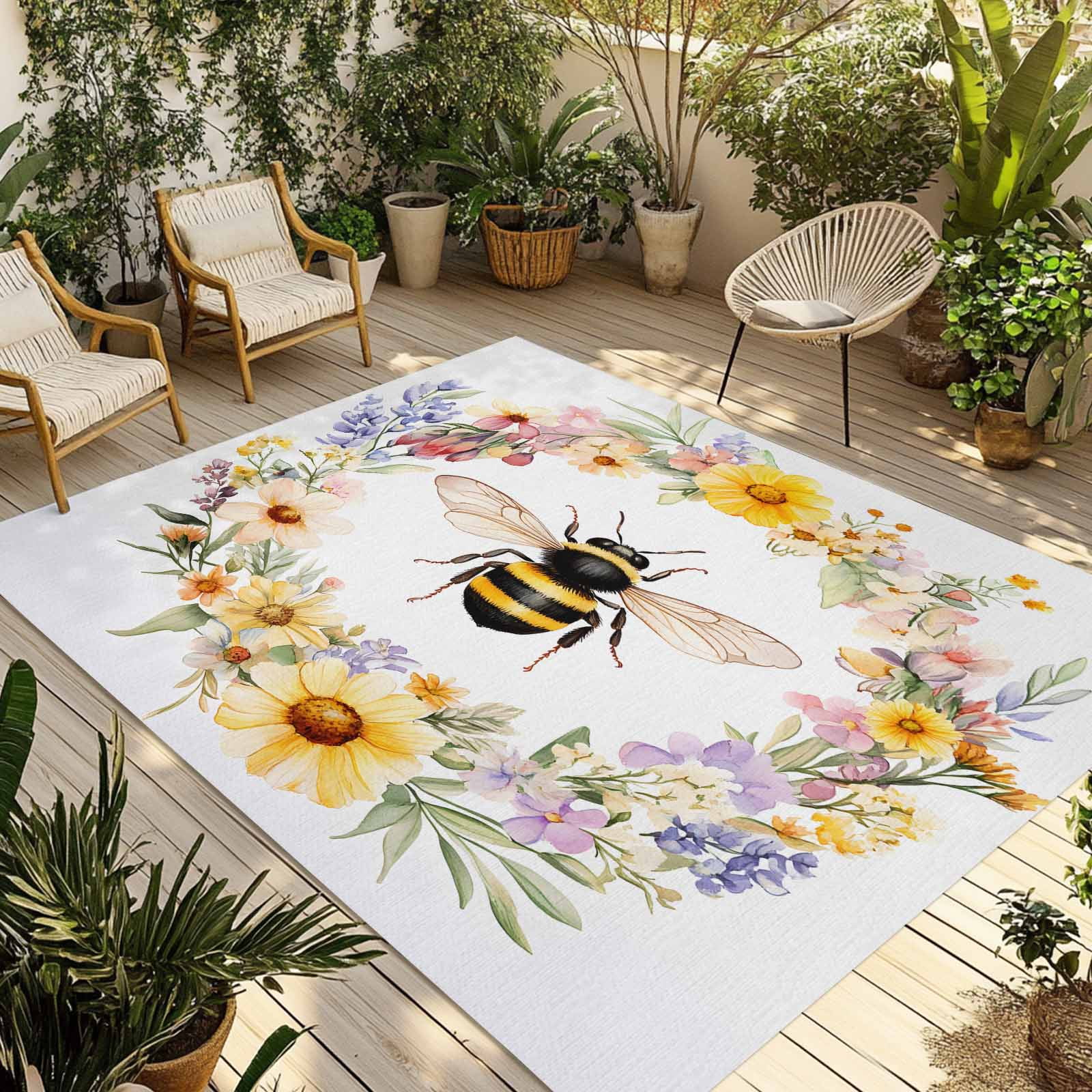 Fsddascl Spring Bee Wreath Outdoor Rug for Patio/Deck/Porch, Non-Slip ...