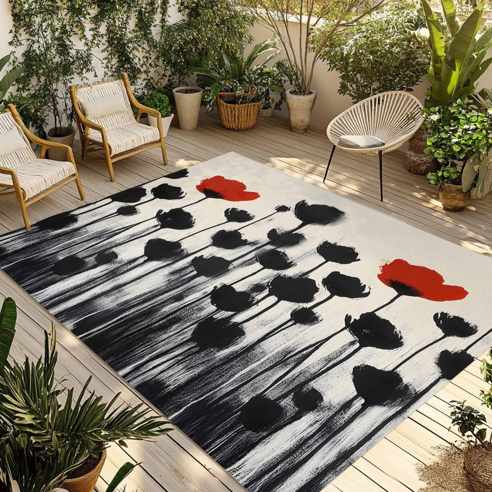 Fsddascl Spring Red Black Floral Outdoor Rug for Patio/Deck/Porch, Non ...