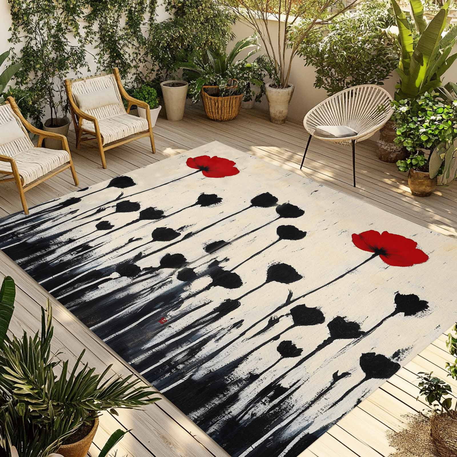 Fsddascl Spring Red Black Floral Outdoor Rug for Patio/Deck/Porch, Non ...