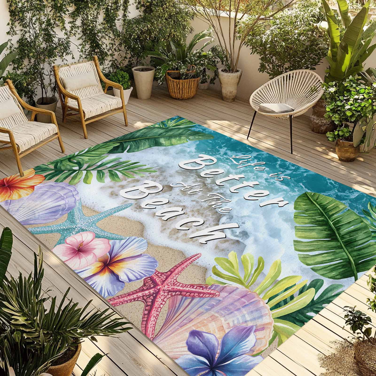 Fsddascl Summer Green Palm Leaf Outdoor Rug for Patio/Deck/Porch, Non ...