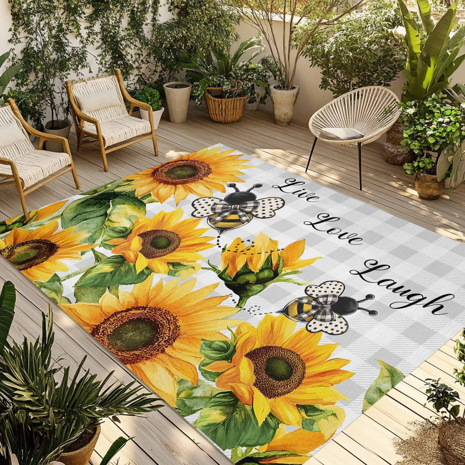 Fsddascl Sunflower Bee Outdoor Rug for Patio/Deck/Porch, Non-Slip Large ...