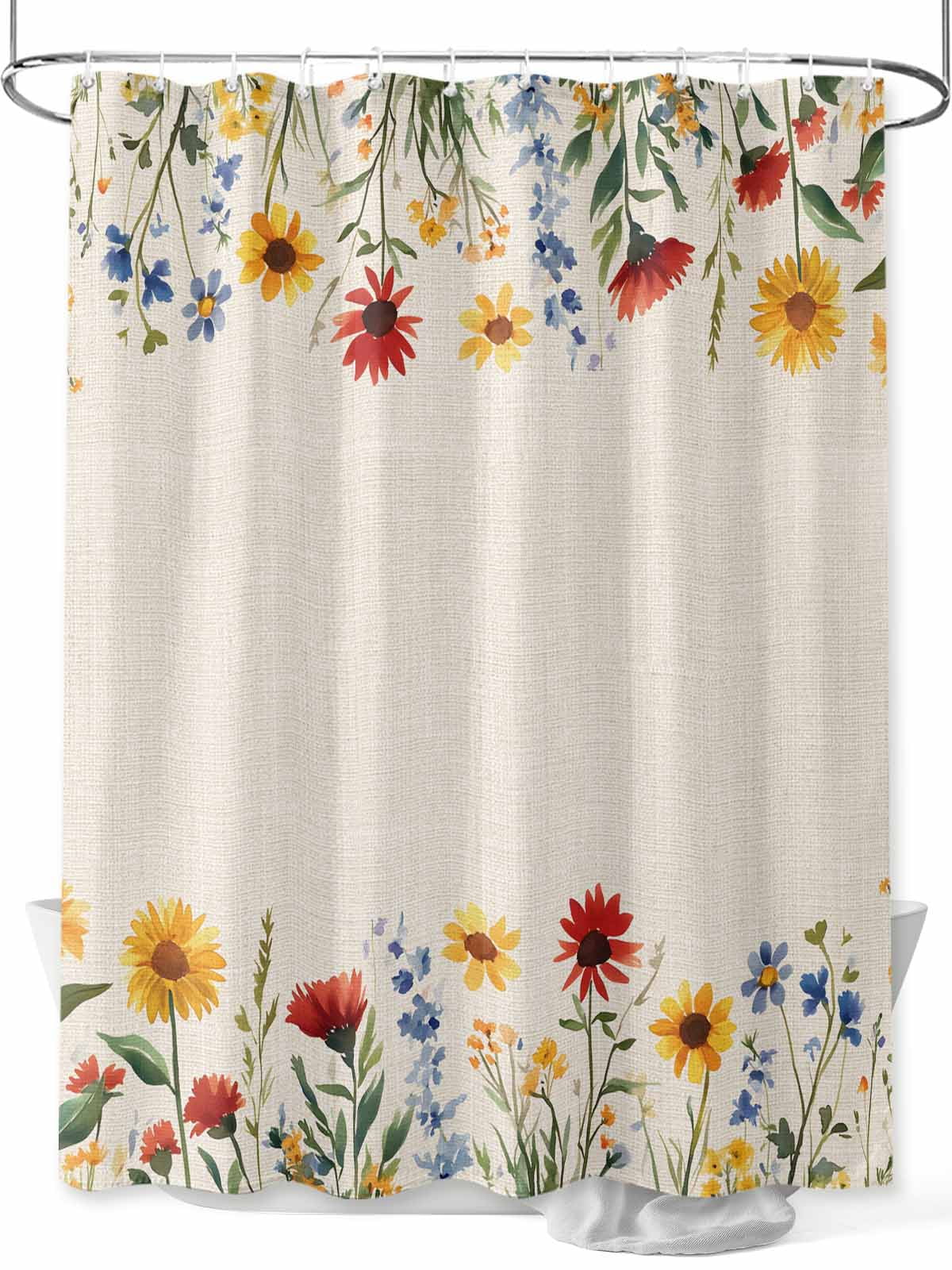 Fsddascl Sunflower Floral Shower Curtain Set - 66" x 72" Washable Bathtub Curtain with 12 Hooks ...