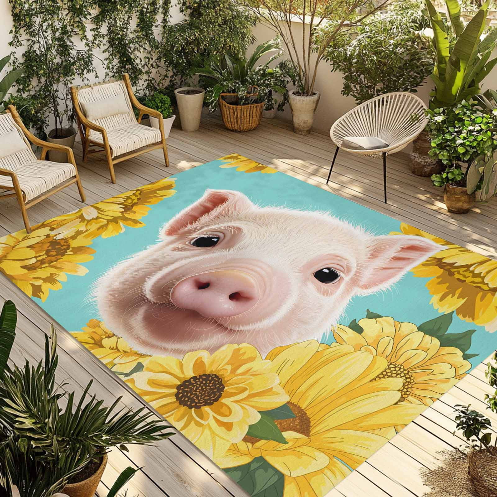 Fsddascl Sunflowers Pig Outdoor Rug for Patio/Deck/Porch, Non-Slip ...