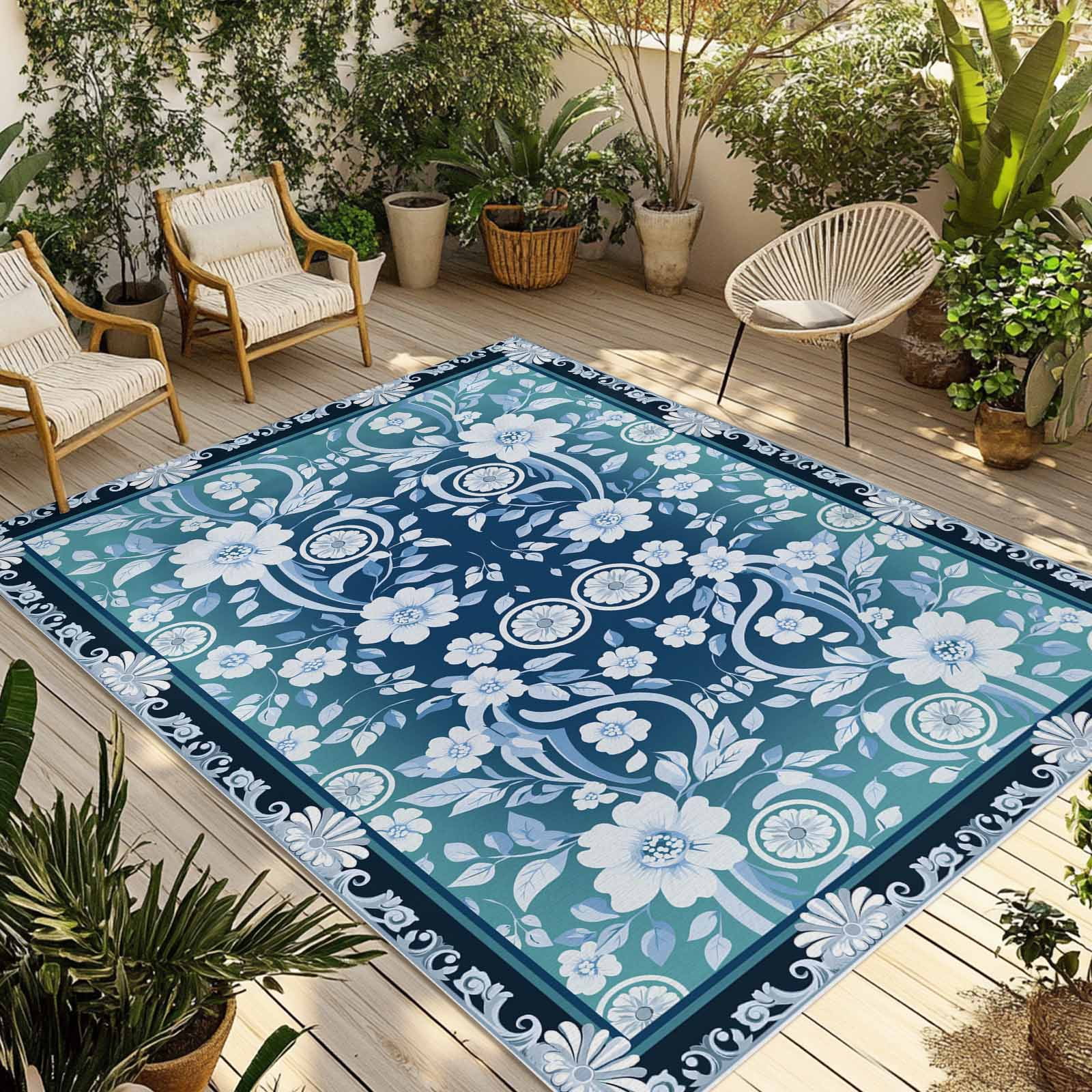 Fsddascl Teal Blue Ombre Flowers Outdoor Rug for Patio/Deck/Porch, Non ...
