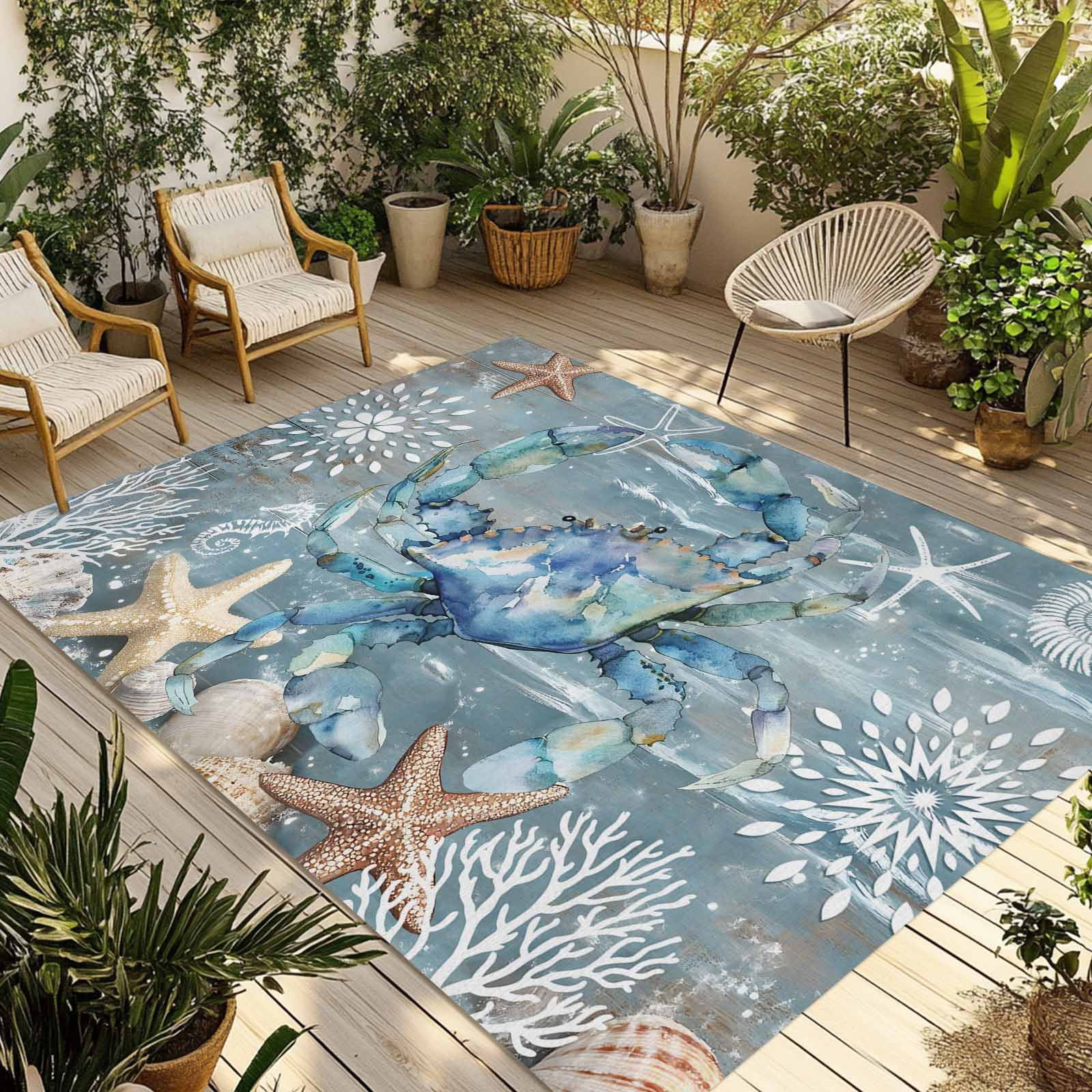 Fsddascl Teal Coastal Crab Outdoor Rug for Patio/Deck/Porch, Non-Slip ...