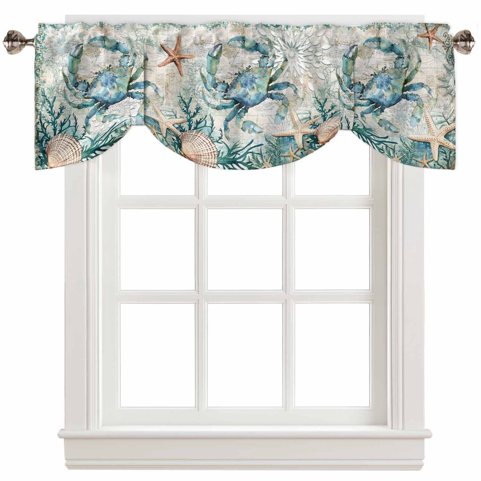 Fsddascl Teal Coastal Crab Tie Up Valance Curtains for Windows, Kitchen ...