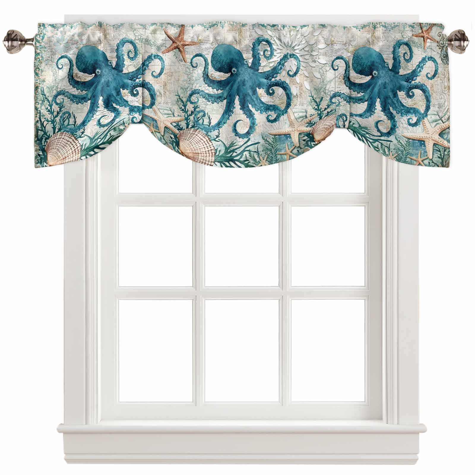 Fsddascl Teal Coastal Octopus Tie Up Valance Curtains for Windows ...