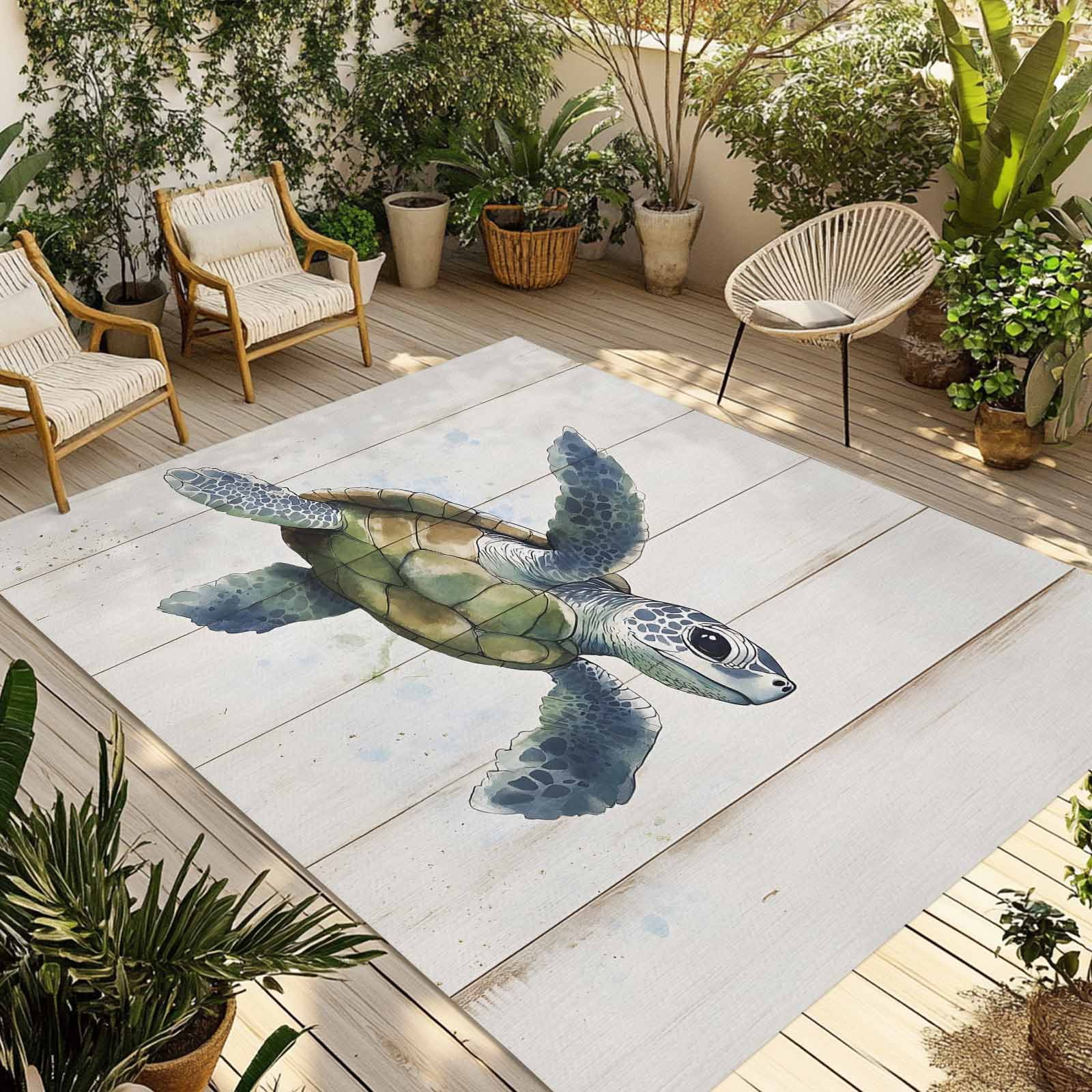 Fsddascl Teal Coastal Outdoor Rug for Patio/Deck/Porch, Non-Slip Large ...