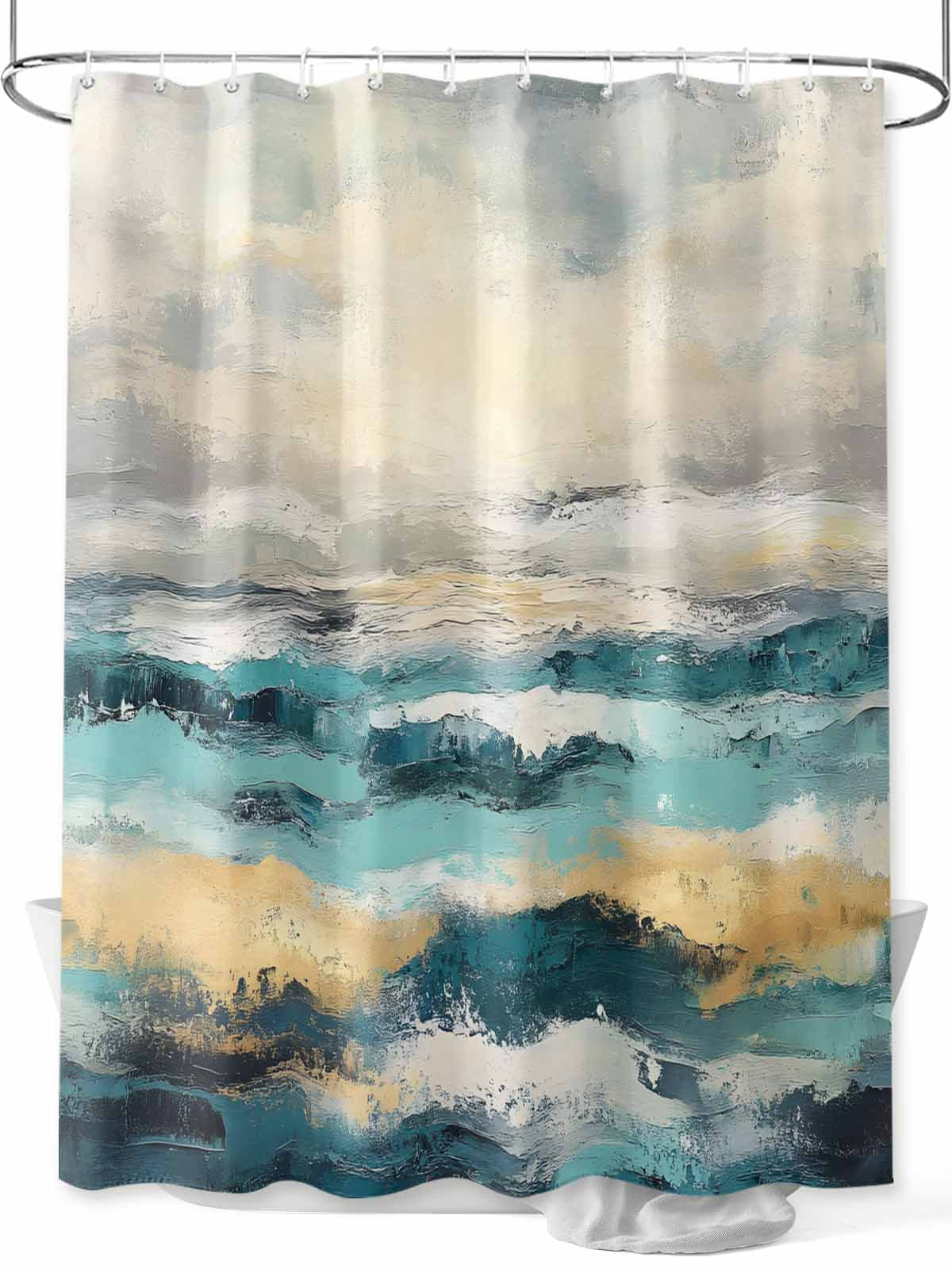 Fsddascl Teal Gold Coastal Wave Shower Curtain Set - 36" x 78" Washable ...