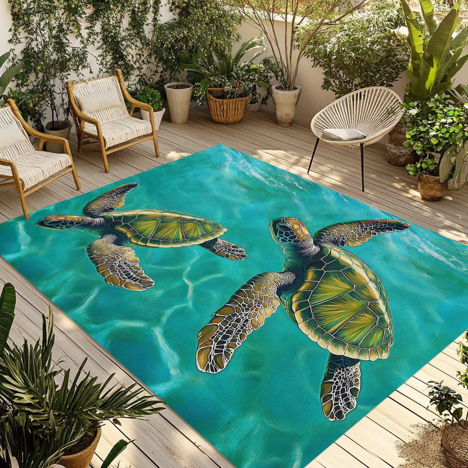 Fsddascl Teal Sea Turtle Coastal Outdoor Rug for Patio/Deck/Porch, Non ...