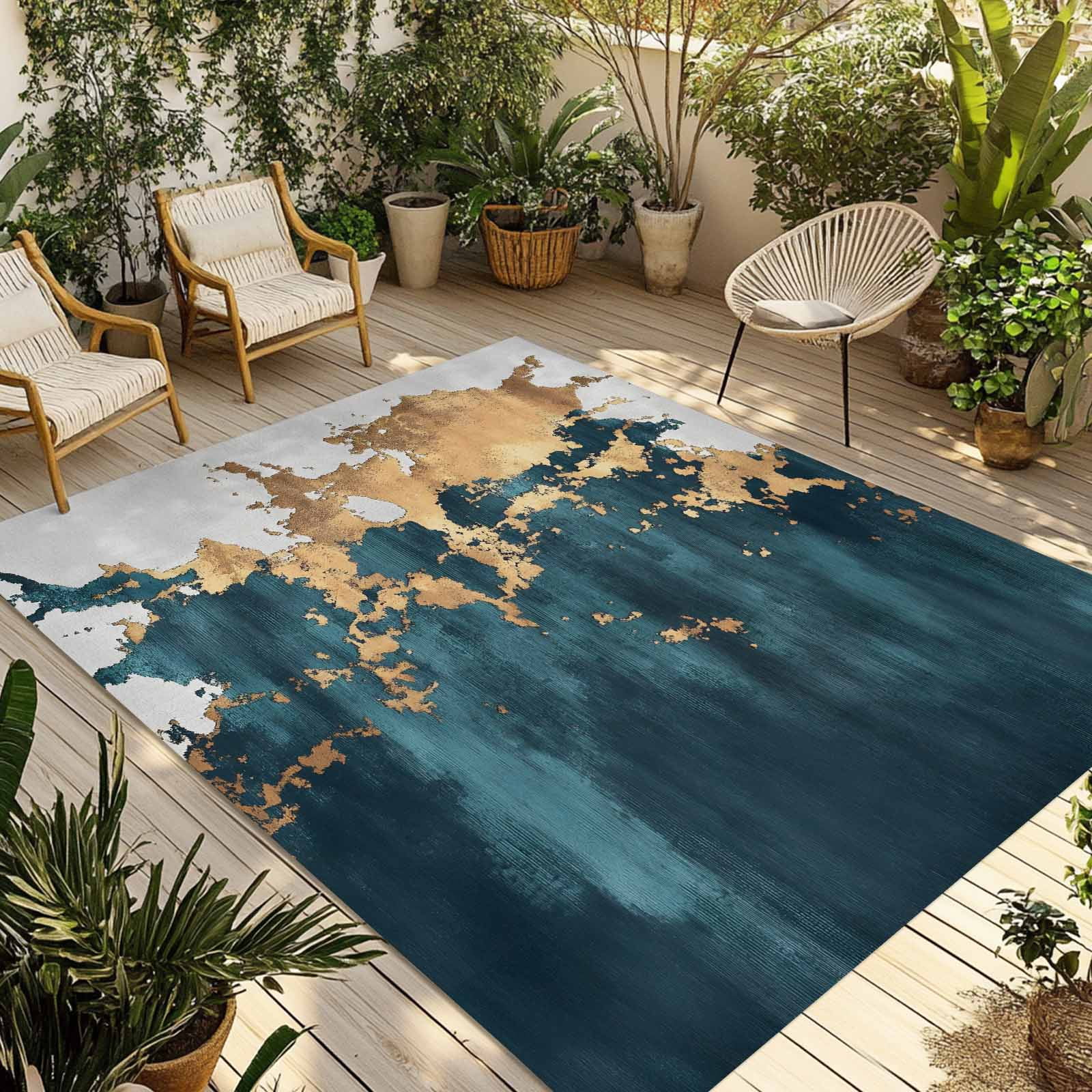 Fsddascl Teal Yellow Art Outdoor Rug for Patio/Deck/Porch, Non-Slip ...