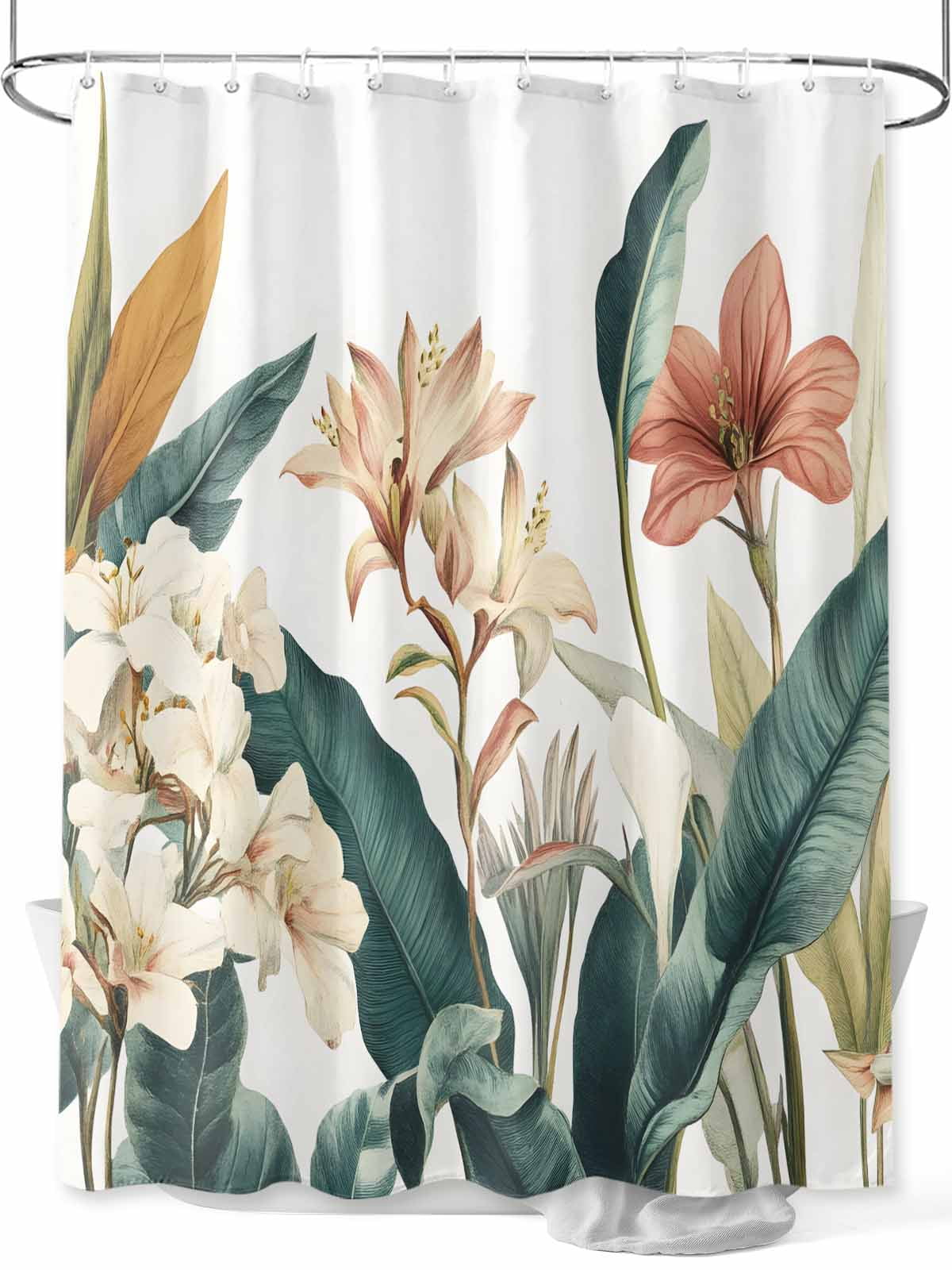 Fsddascl Tropical Floral Leaves Shower Curtain Set - 48" x 72" Washable Bathtub Curtain with 12 ...