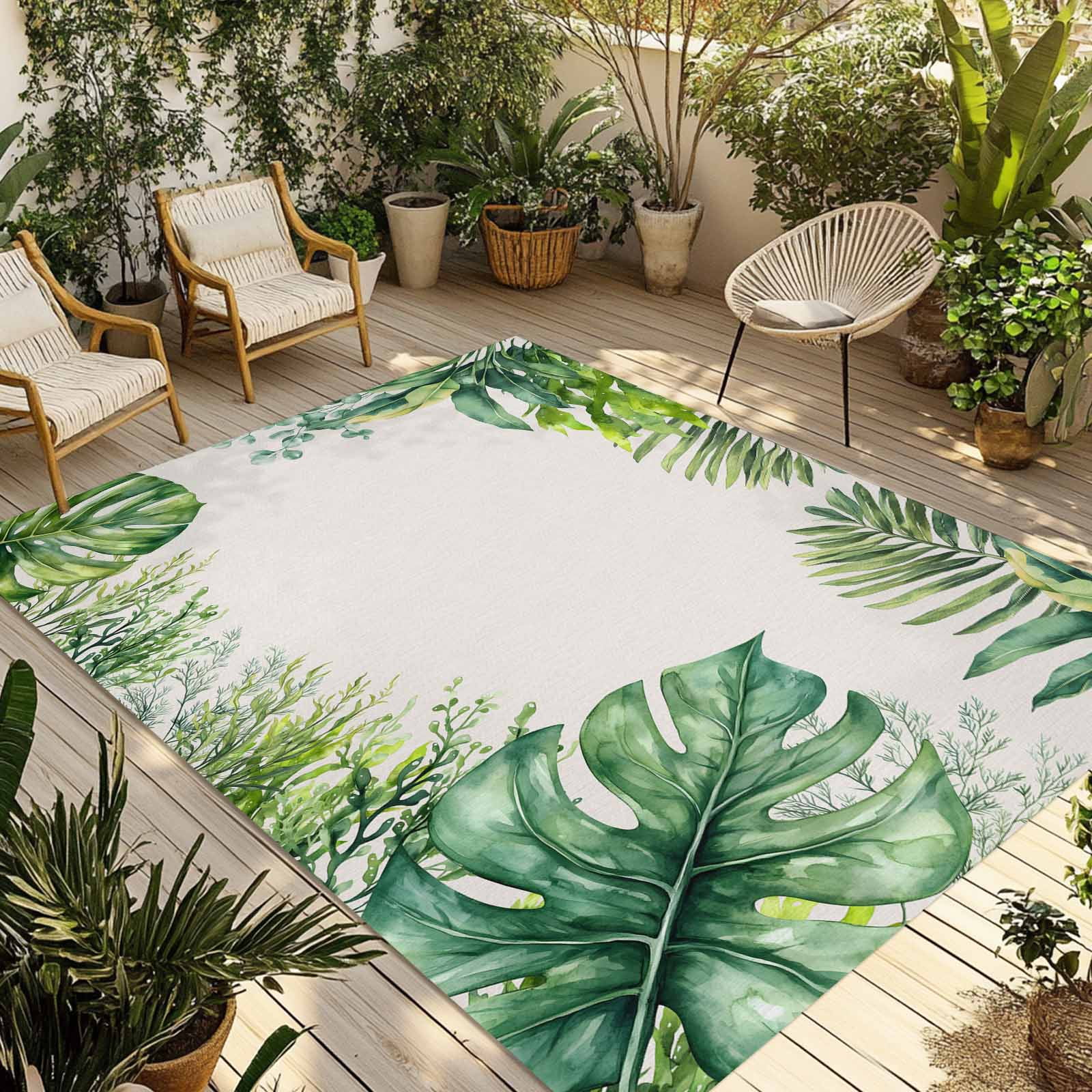 Fsddascl Tropical Palm Leaf Outdoor Rug for Patio/Deck/Porch, Non-Slip ...