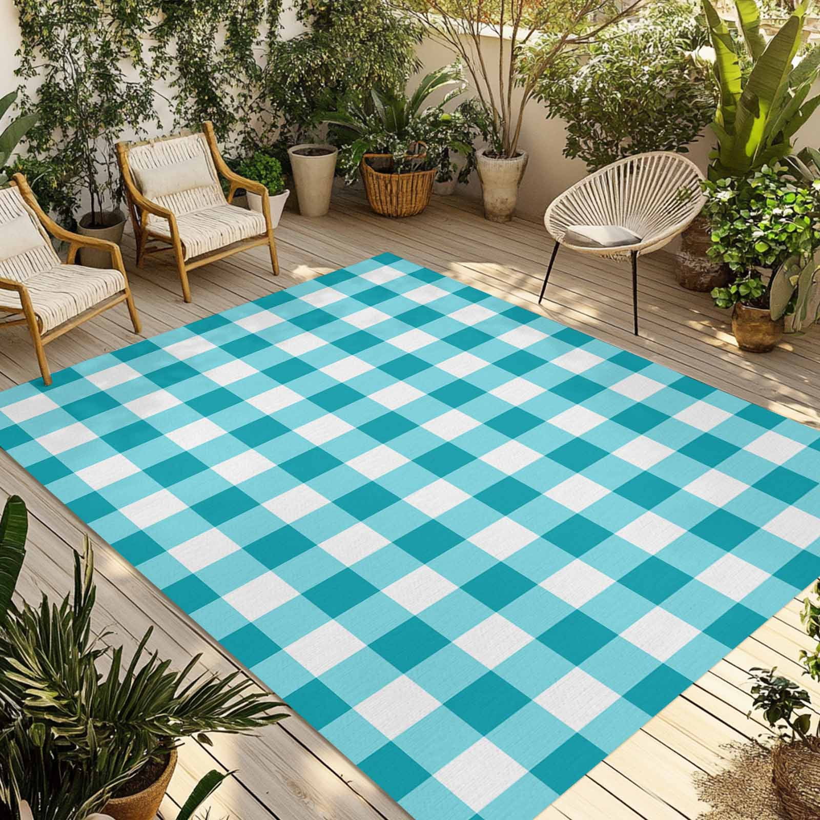 Fsddascl Turquoise Checkered Outdoor Rug for Patio/Deck/Porch, Non-Slip ...