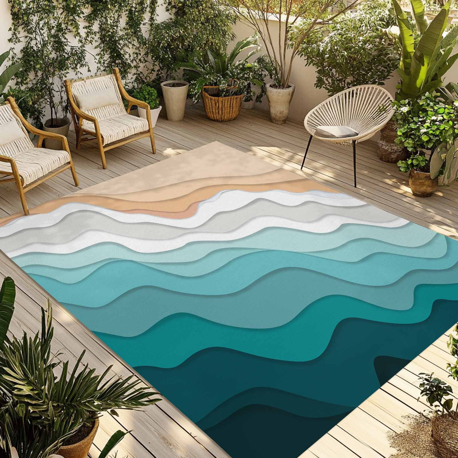 Fsddascl Turquoise Coastal Beach Outdoor Rug for Patio/Deck/Porch, Non ...