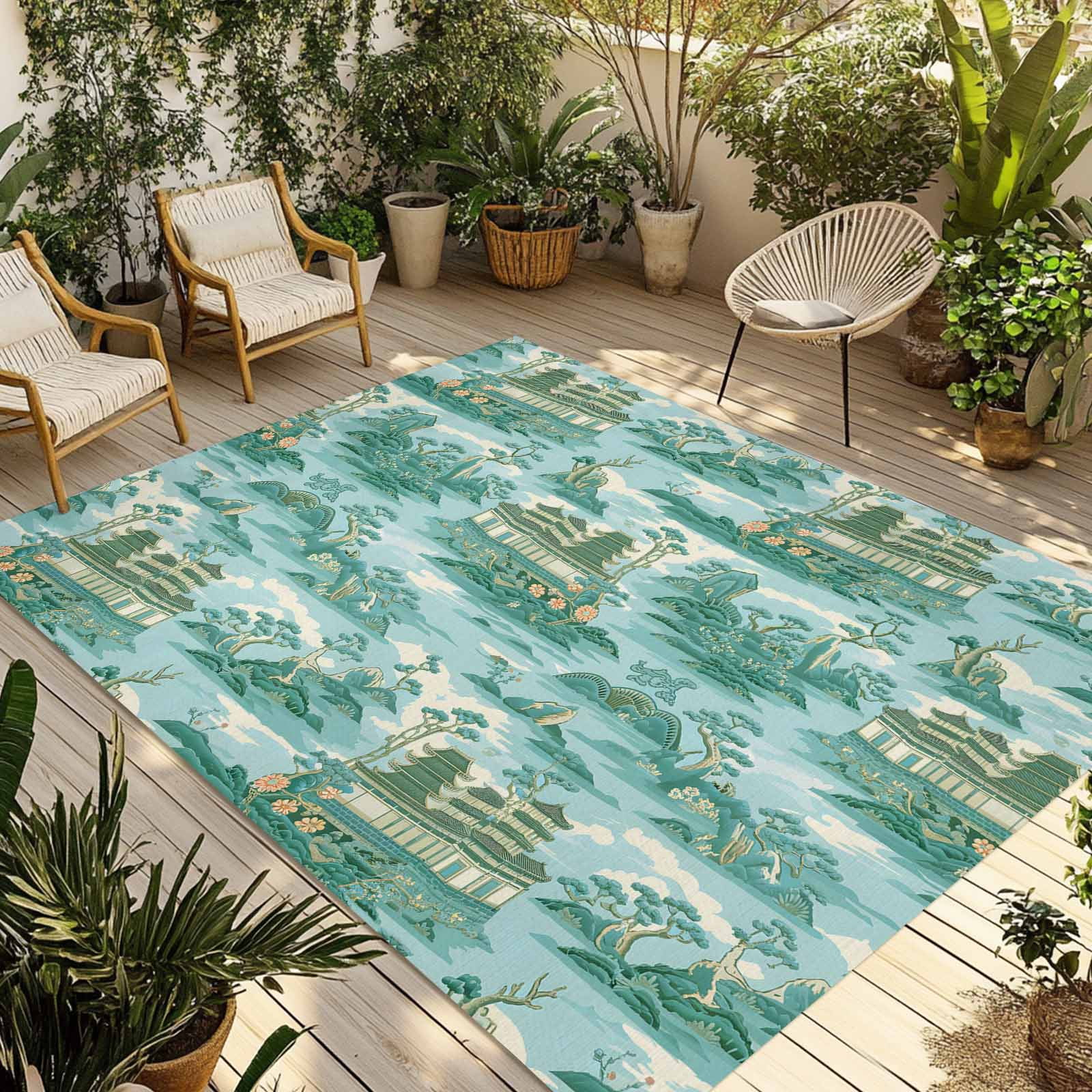Fsddascl Turquoise Garden Outdoor Rug for Patio/Deck/Porch, Non-Slip ...