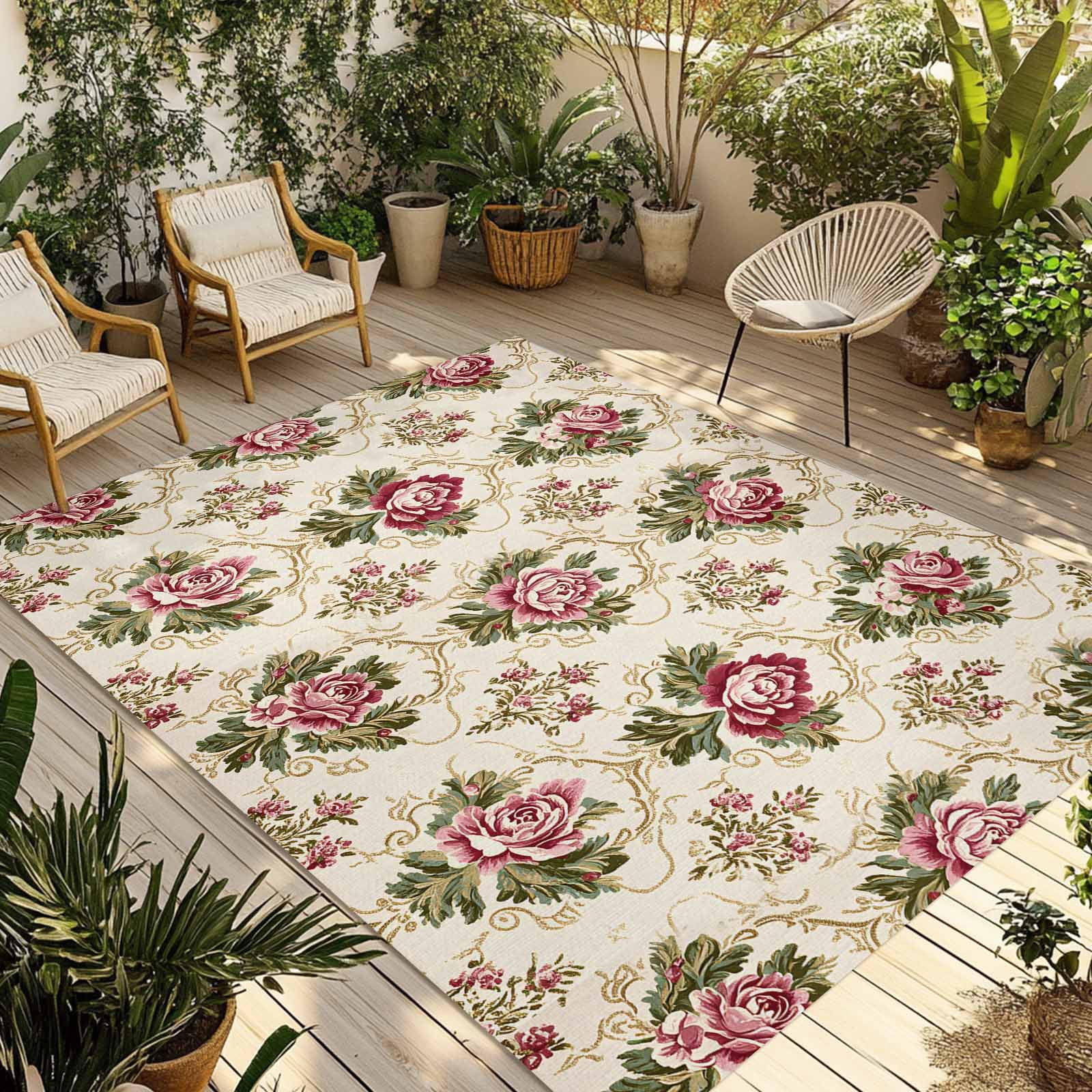Fsddascl Vintage Pink Flowers Outdoor Rug for Patio/Deck/Porch, Non ...