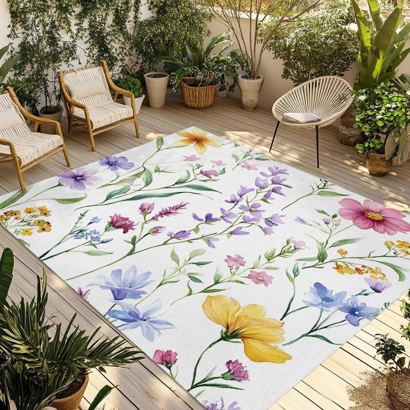 Fsddascl Watercolor Floral Outdoor Rug for Patio/Deck/Porch, Non-Slip ...