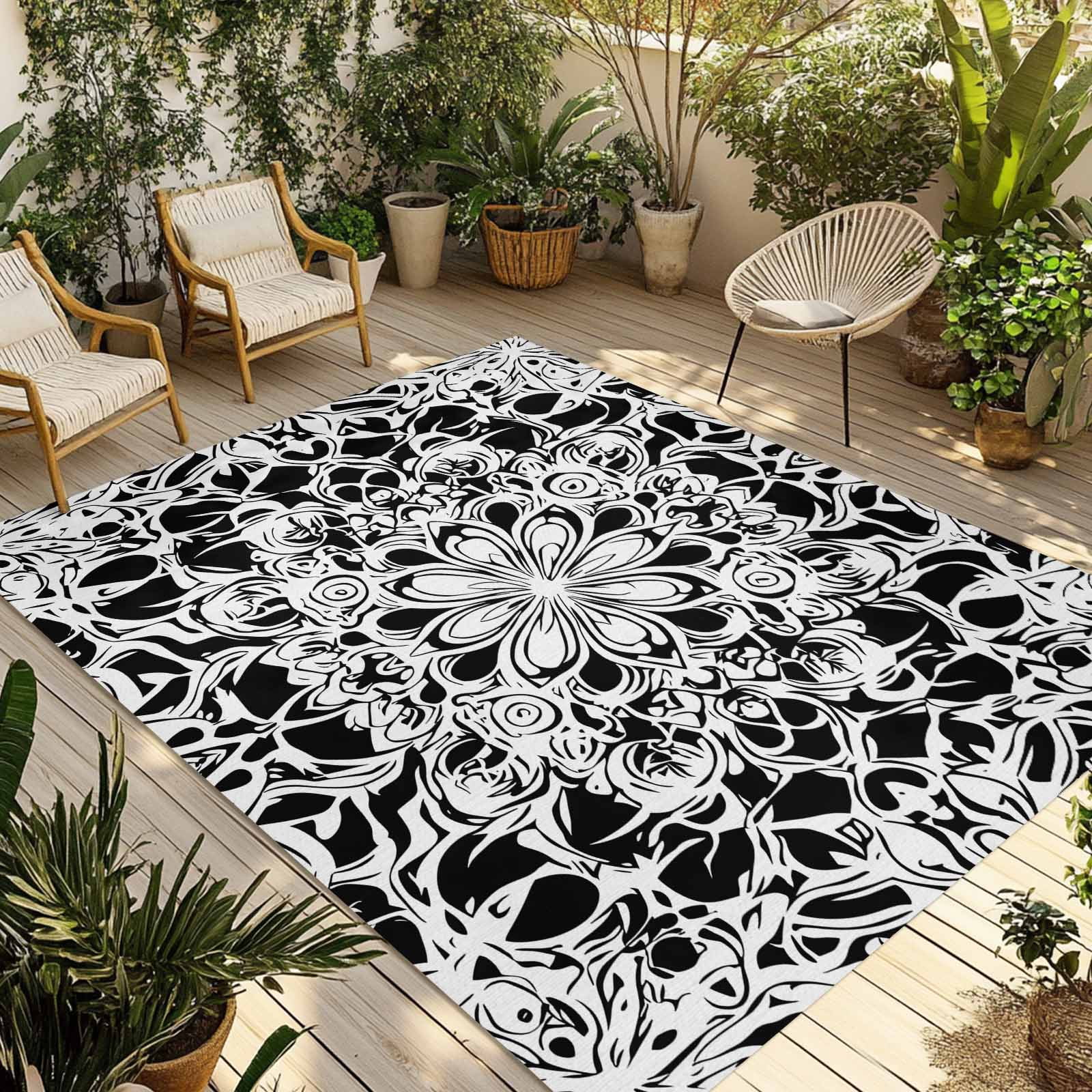 Fsddascl White Black Spring Floral Outdoor Rug for Patio/Deck/Porch ...