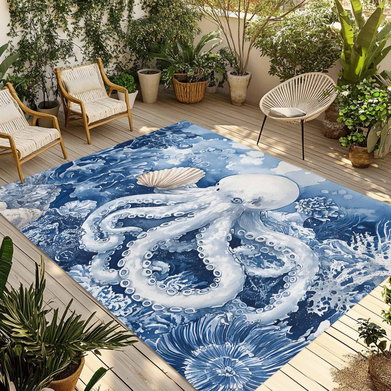 Fsddascl White Blue Octopus Coastal Outdoor Rug for Patio/Deck/Porch ...