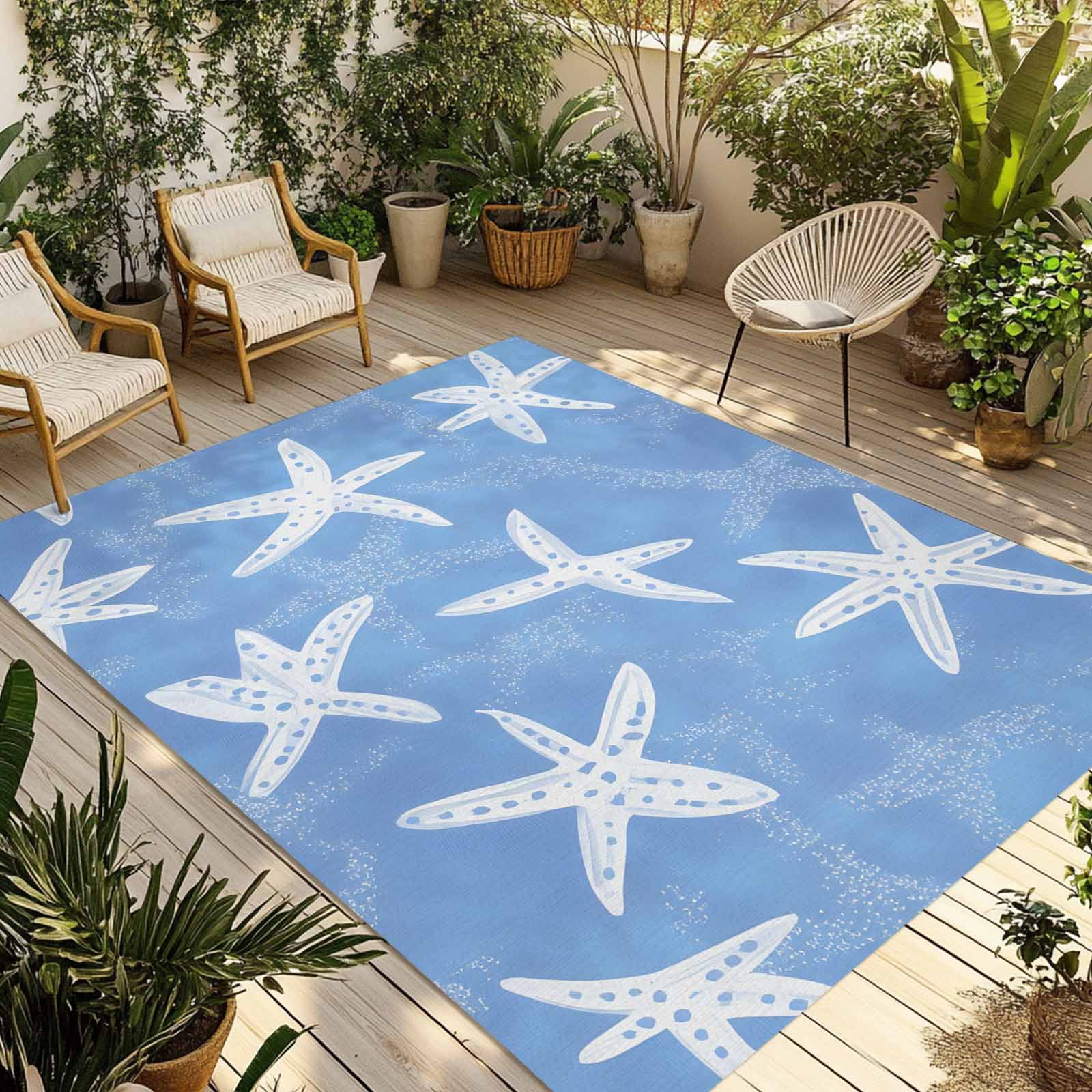 Fsddascl White Blue Starfish Coastal Outdoor Rug for Patio/Deck/Porch ...