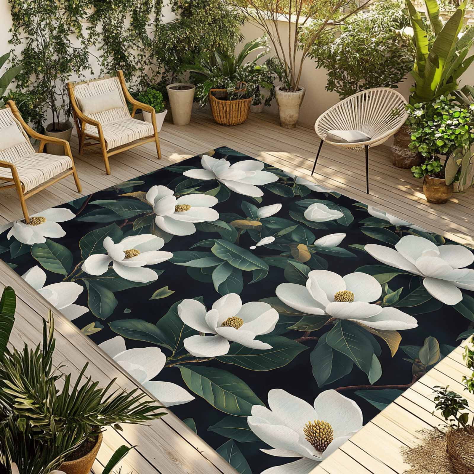 Fsddascl White Floral Outdoor Rug for Patio/Deck/Porch, Non-Slip Large ...