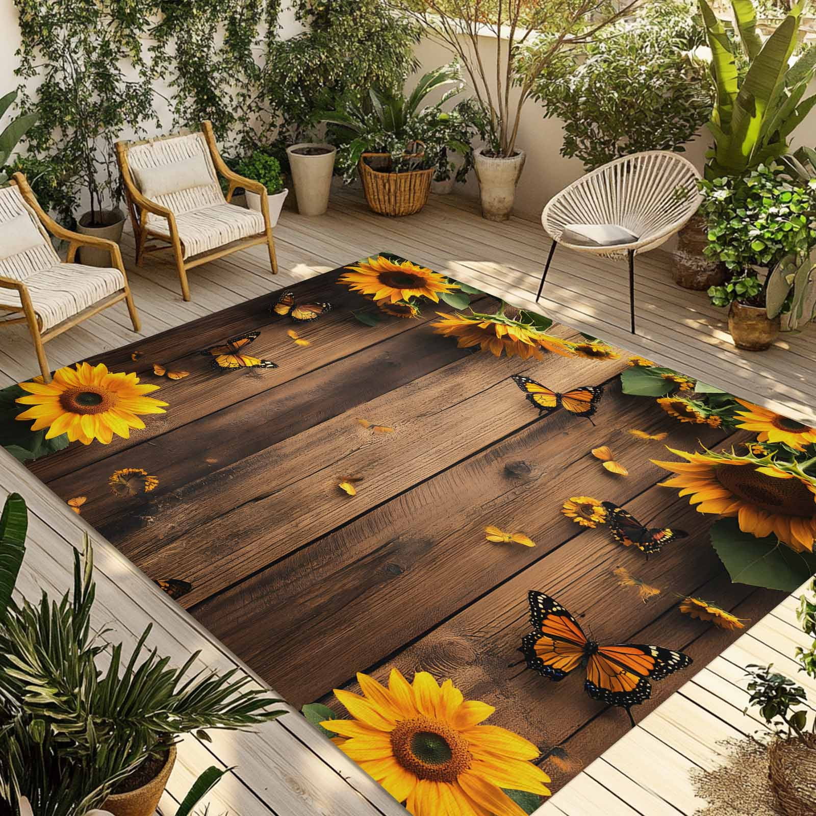 Fsddascl Yellow Sunflower Butterfly Outdoor Rug for Patio/Deck/Porch ...