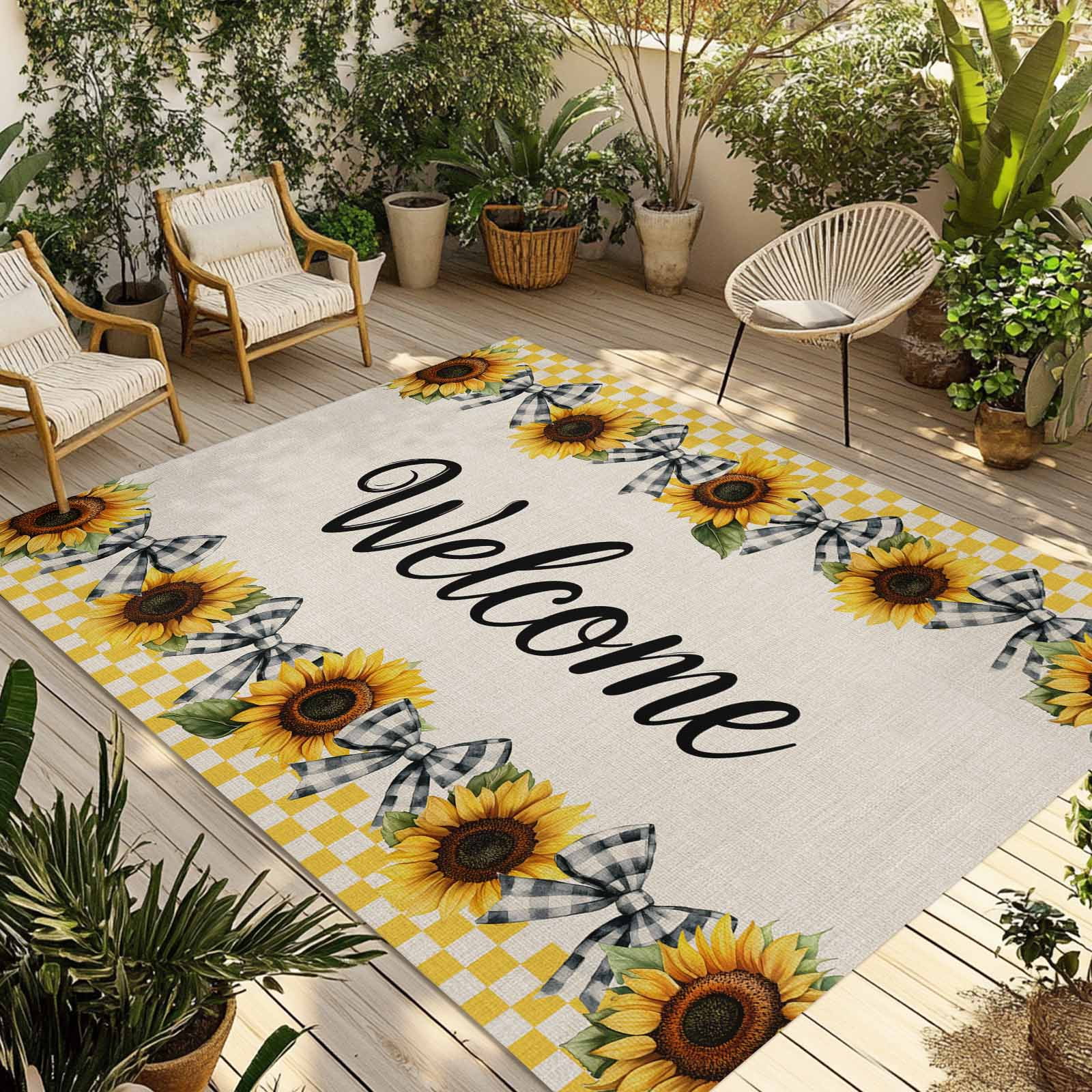 Fsddascl Yellow Sunflower Plaid Outdoor Rug for Patio/Deck/Porch, Non ...