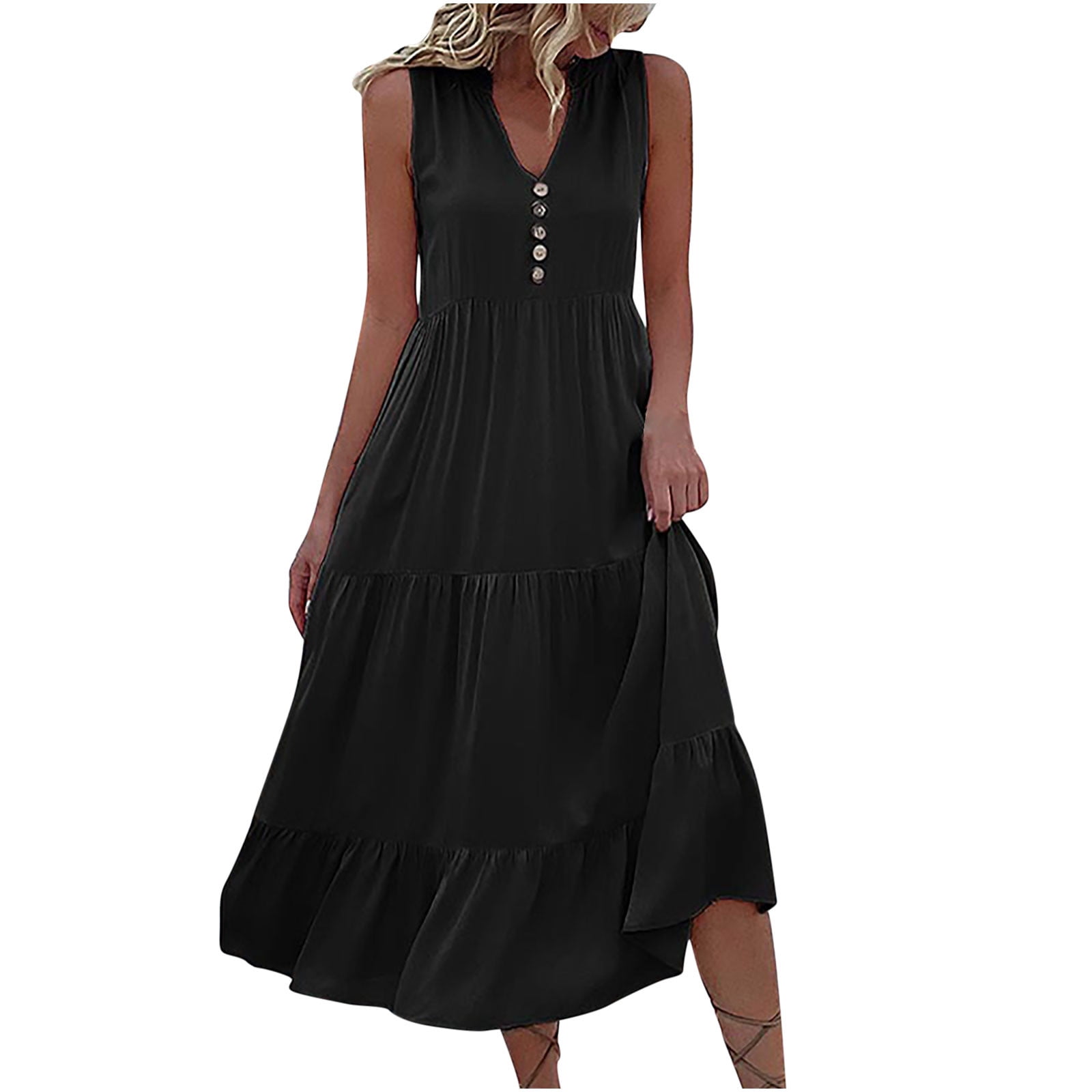 Fshinging 2025 Summer Dresses For Women Casual V Neck Sleeveless Loose ...