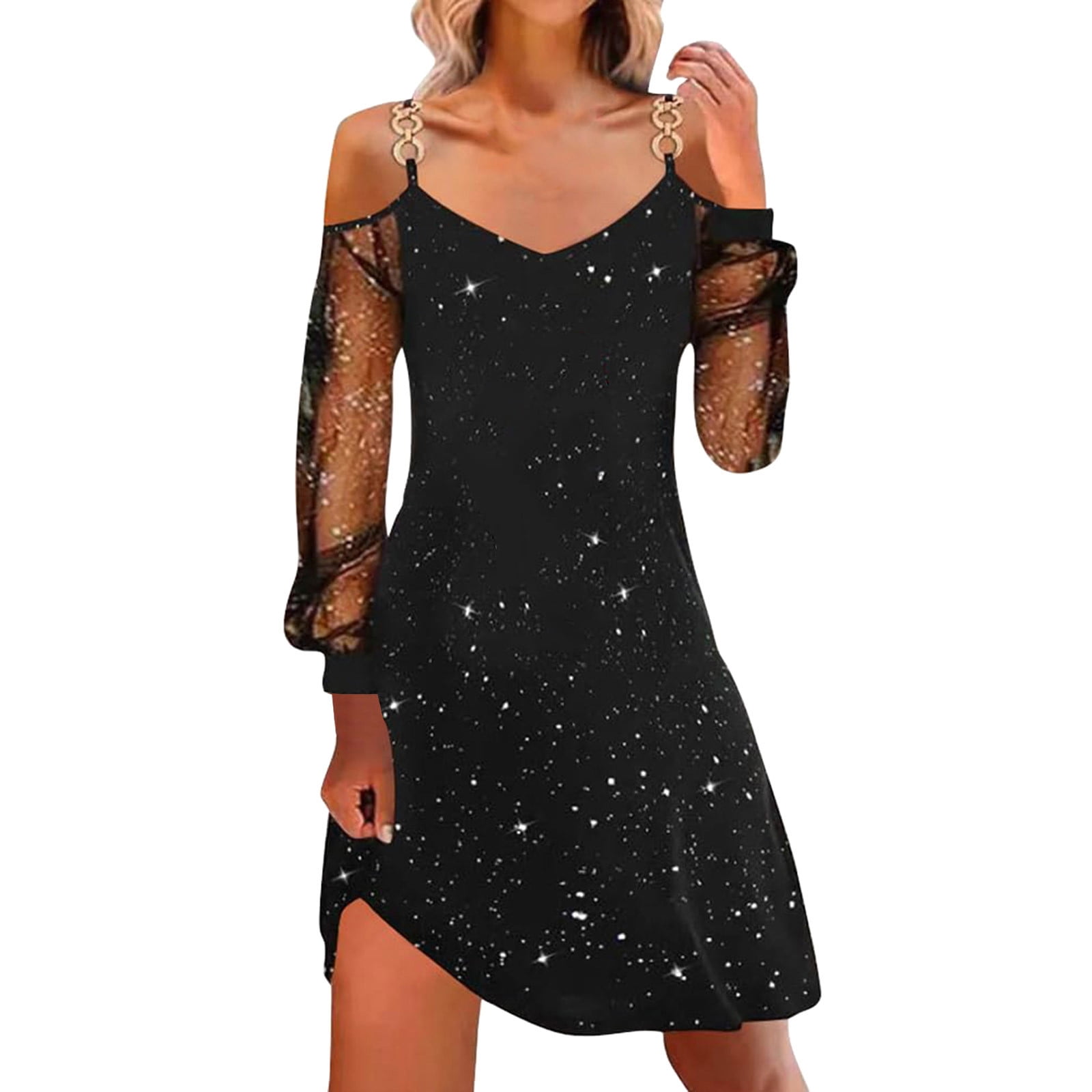 Fshinging 2025 Summer Dresses For Women Sequin Mesh Sheer Long Sleeve ...