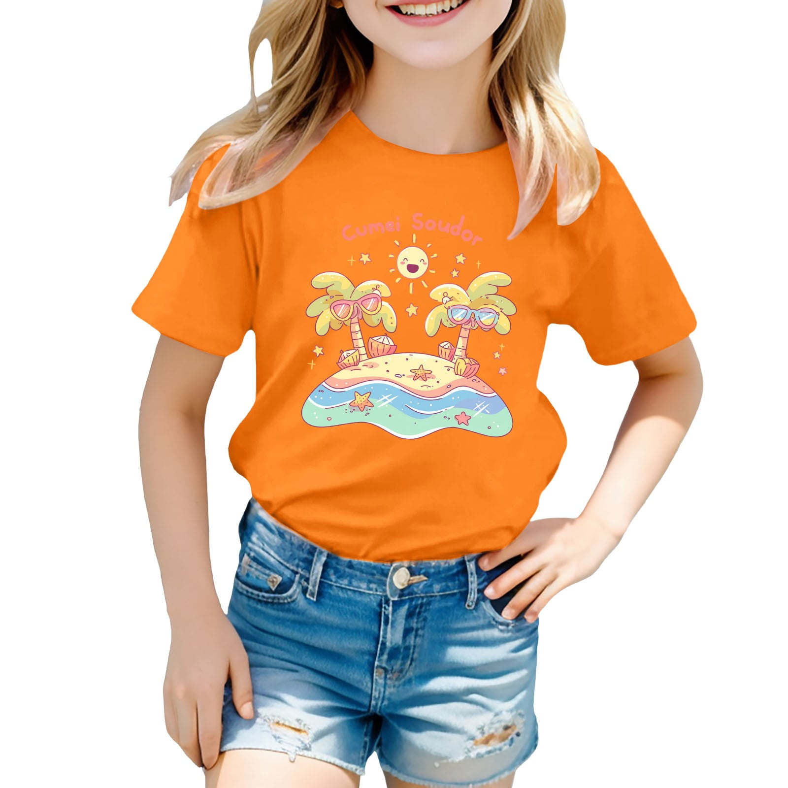 Fshinging 2025 Summer Girls Tops Island Print Casual Comfort Fit Beach ...