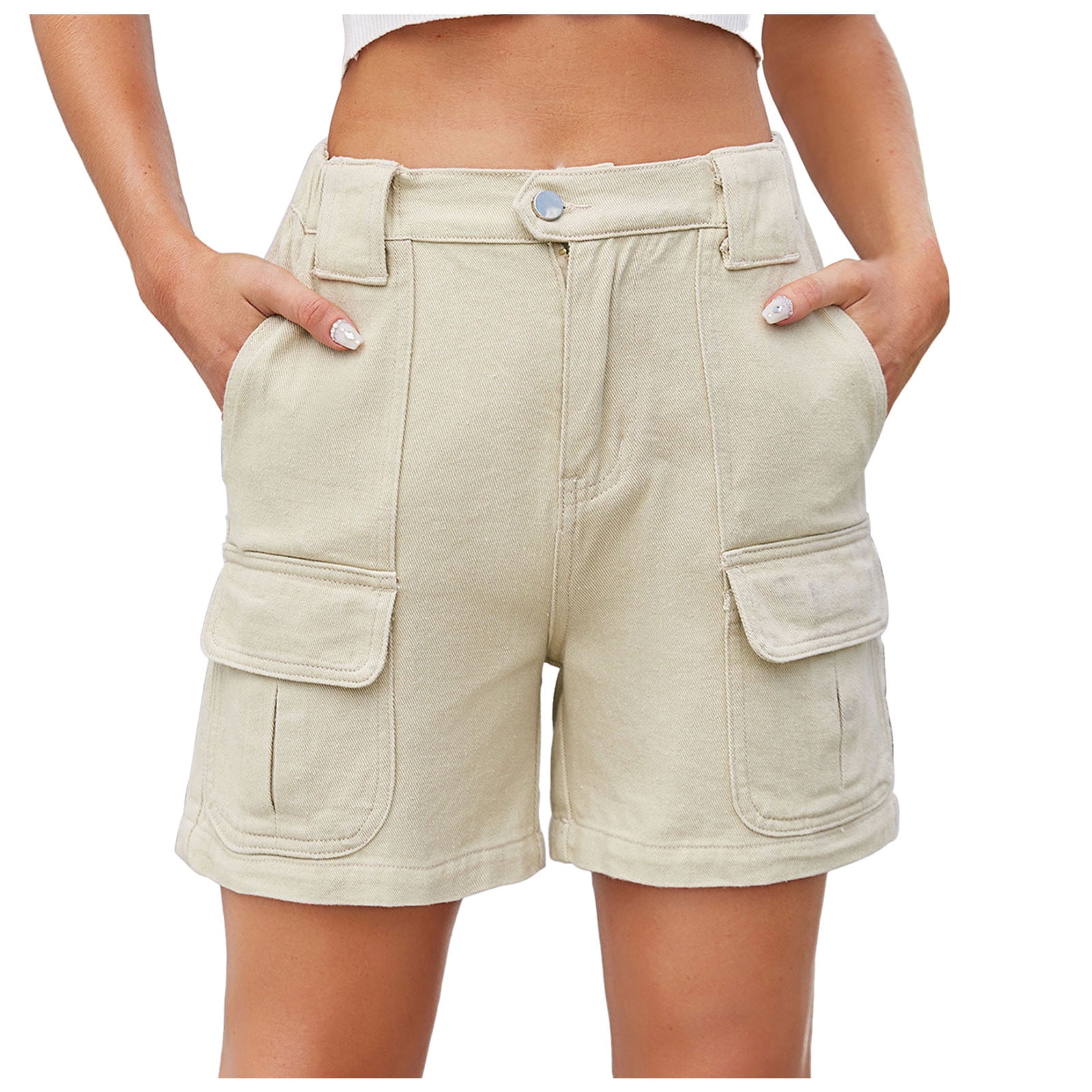 Fshinging 2025 Summer Shorts for Women Washed Elastic Waist Cargo Denim ...