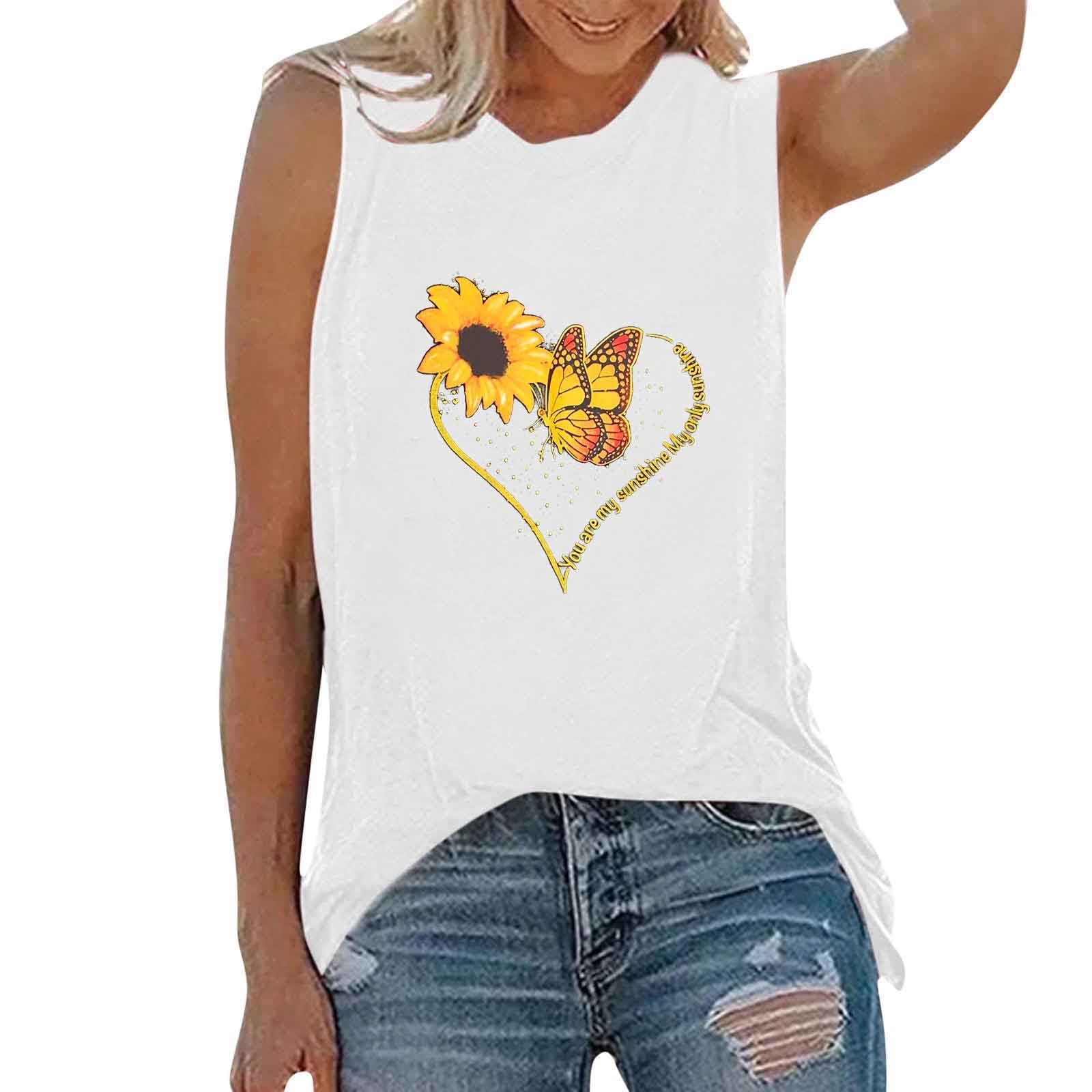 Fshinging 2025 Women Tank Tops Sunflower Butterfly Print Casual ...
