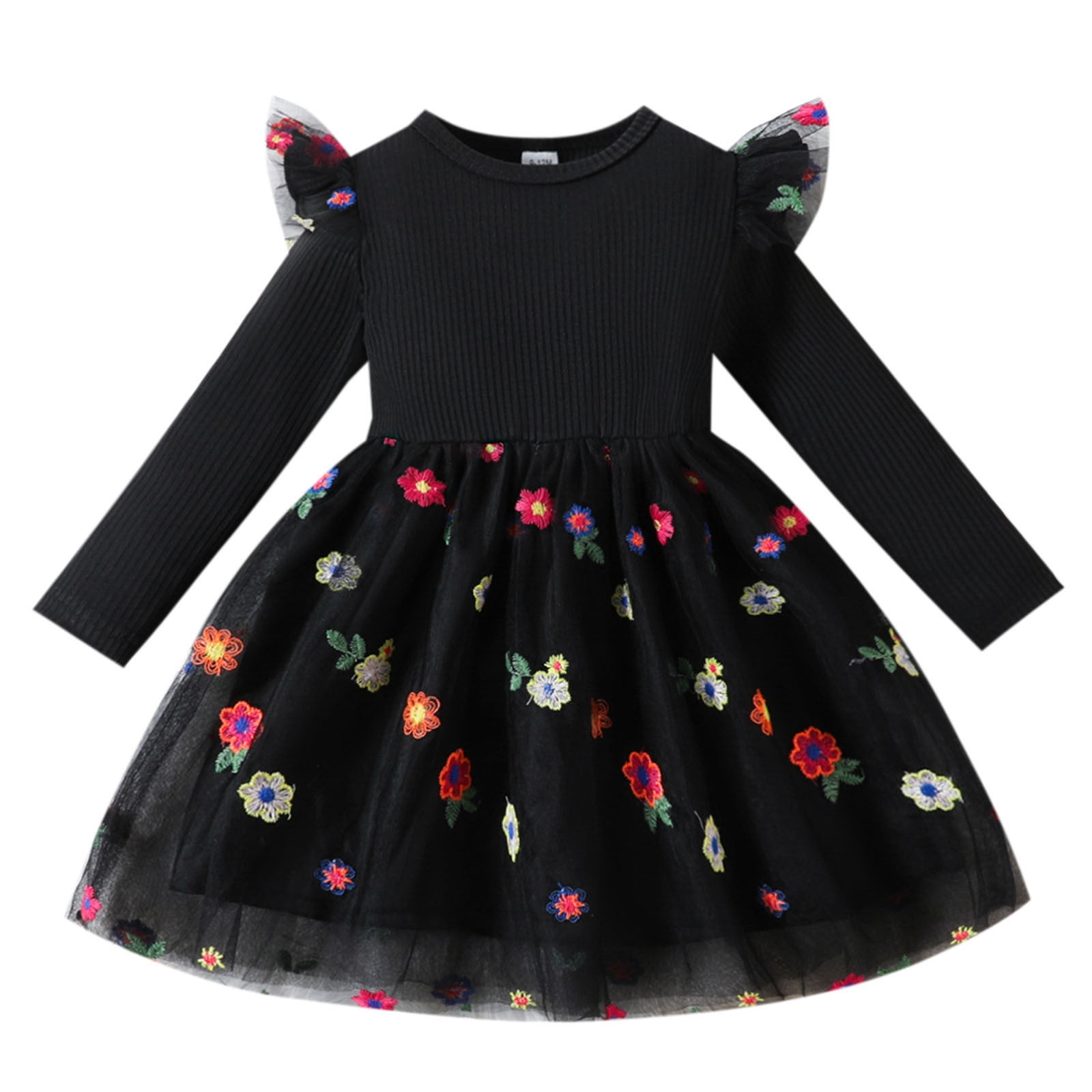 Fshinging Baby Girl'S Dresses Ribbed Long Sleeve Floral Embroider ...