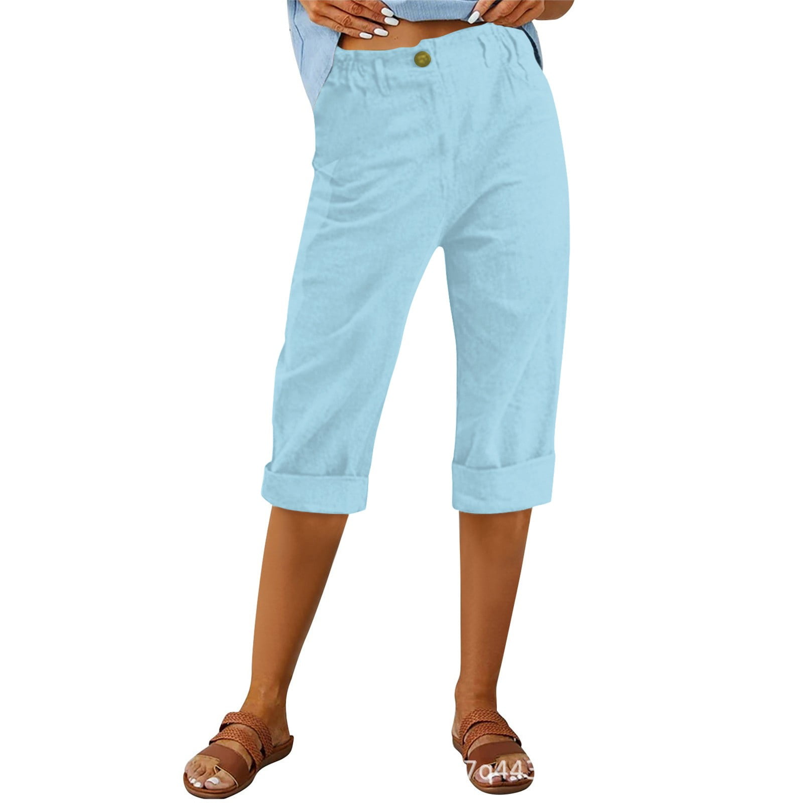 Fshinging Capris Pants for Women Dressy Cotton Linen Solid Color High ...