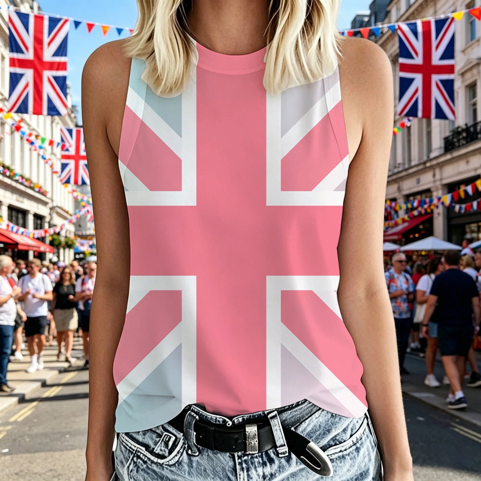 Fshinging Color Block Flag Print Tees For Women Crew Neck Casual Tank ...