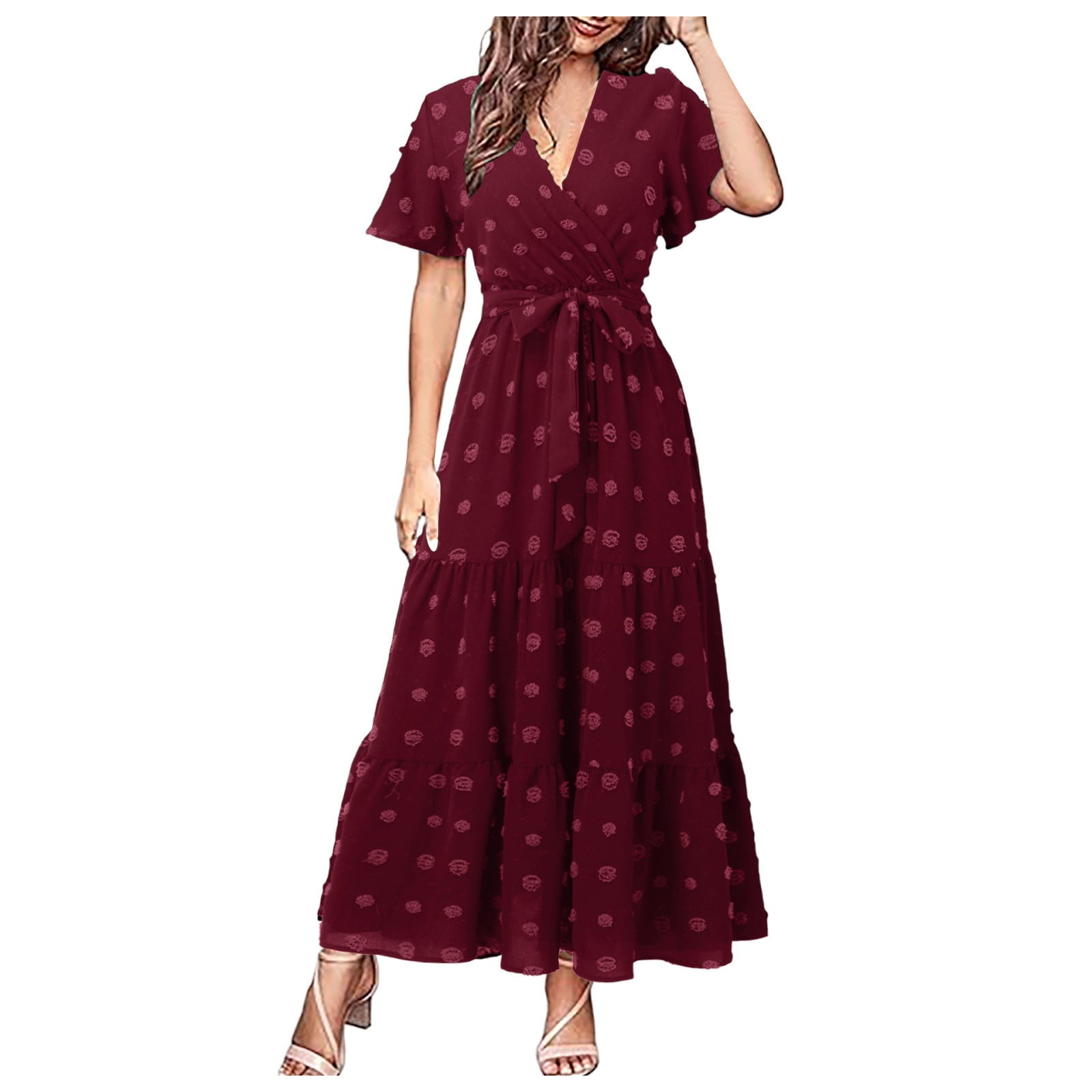 Fshinging Dresses For 2025 Summer Boho Dot Maxi Wrap V Neck Flutter ...