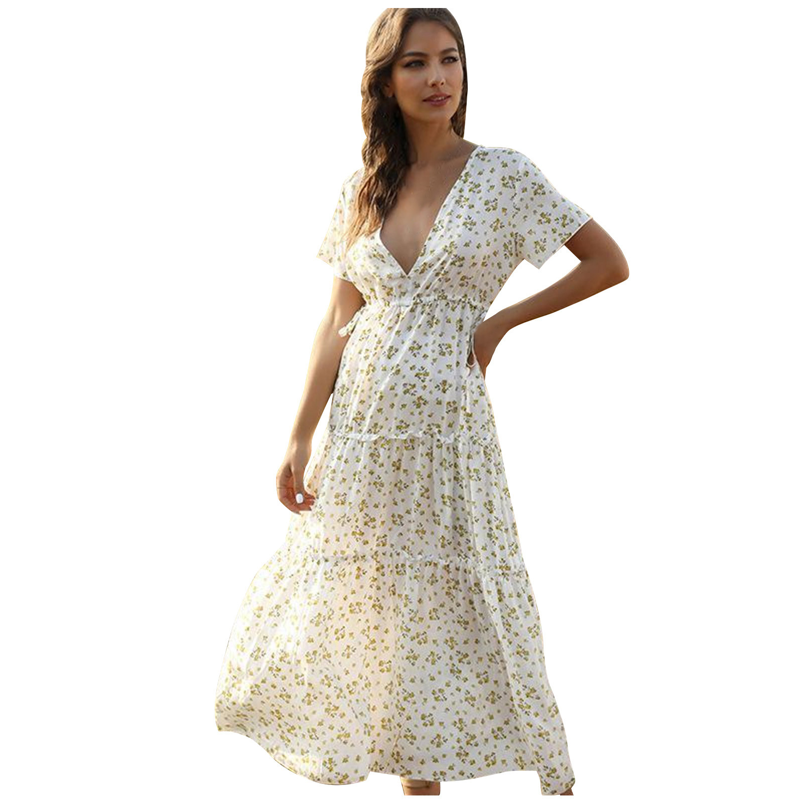 Fshinging Dresses For Women 2025 Boho Flower Print Deep V Short Sleeve ...