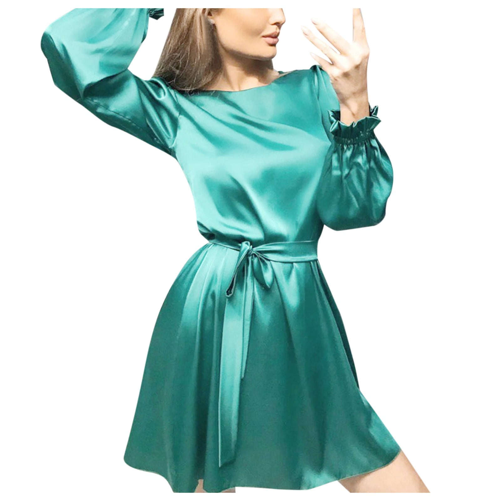 Fshinging Dresses For Women 2025 Elegant Classy Long Sleeve Solid Sexy Satin Medium Waist Round ...