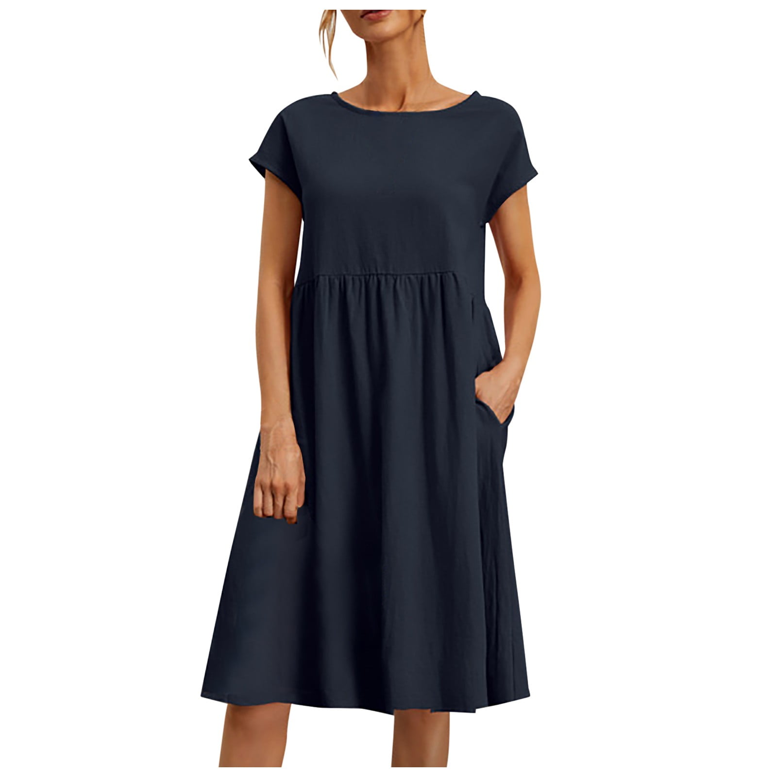 Fshinging Dresses For Women 2025 Elegant Classy Summer Ol Temperament Linen Round Neck A Line ...