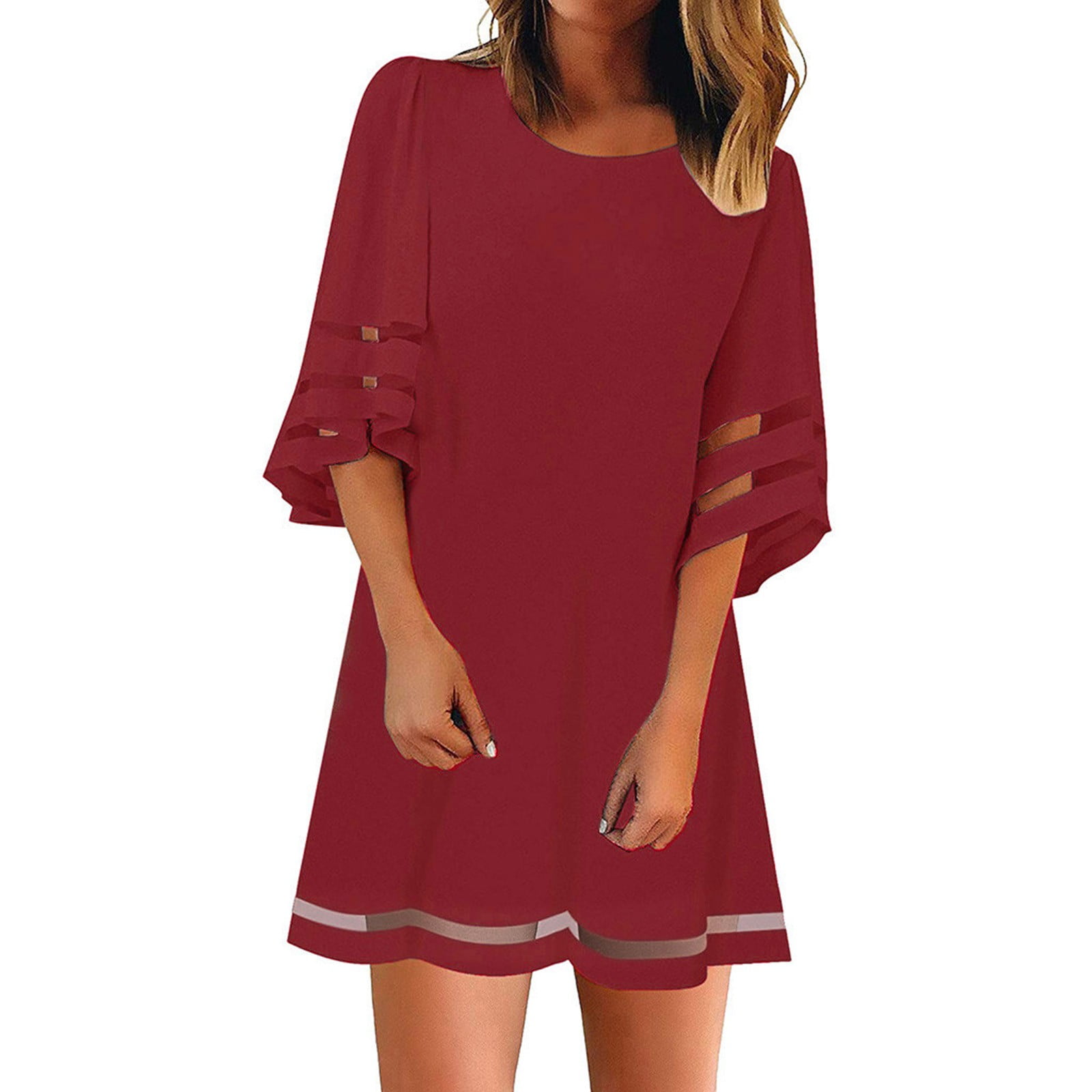Fshinging Dresses For Women 2025 Panel Neck O Top Mesh Sleeve Shirt 3/4 ...