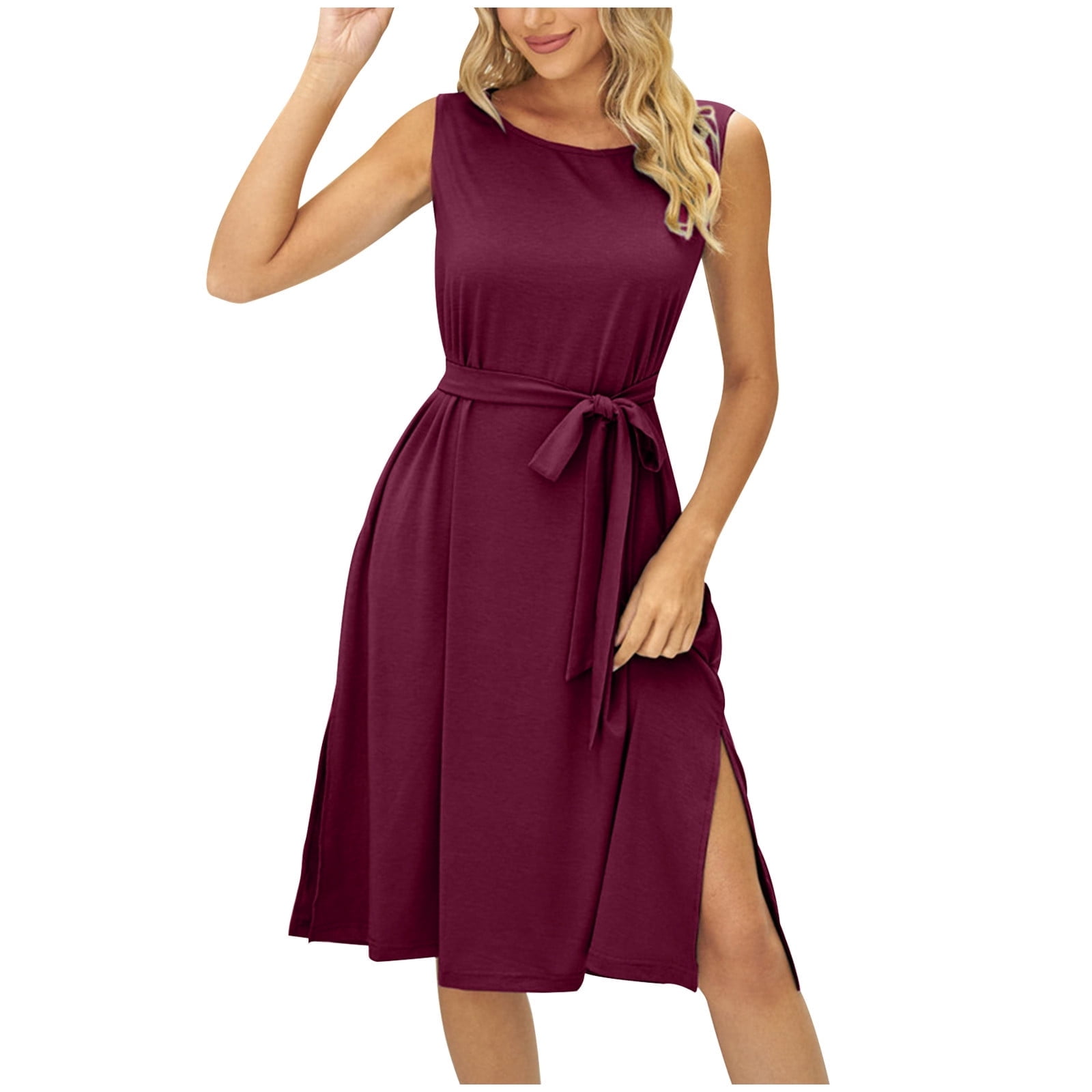 Fshinging Dresses For Women 2025 Solid Color Spring Sleeveless Belt ...