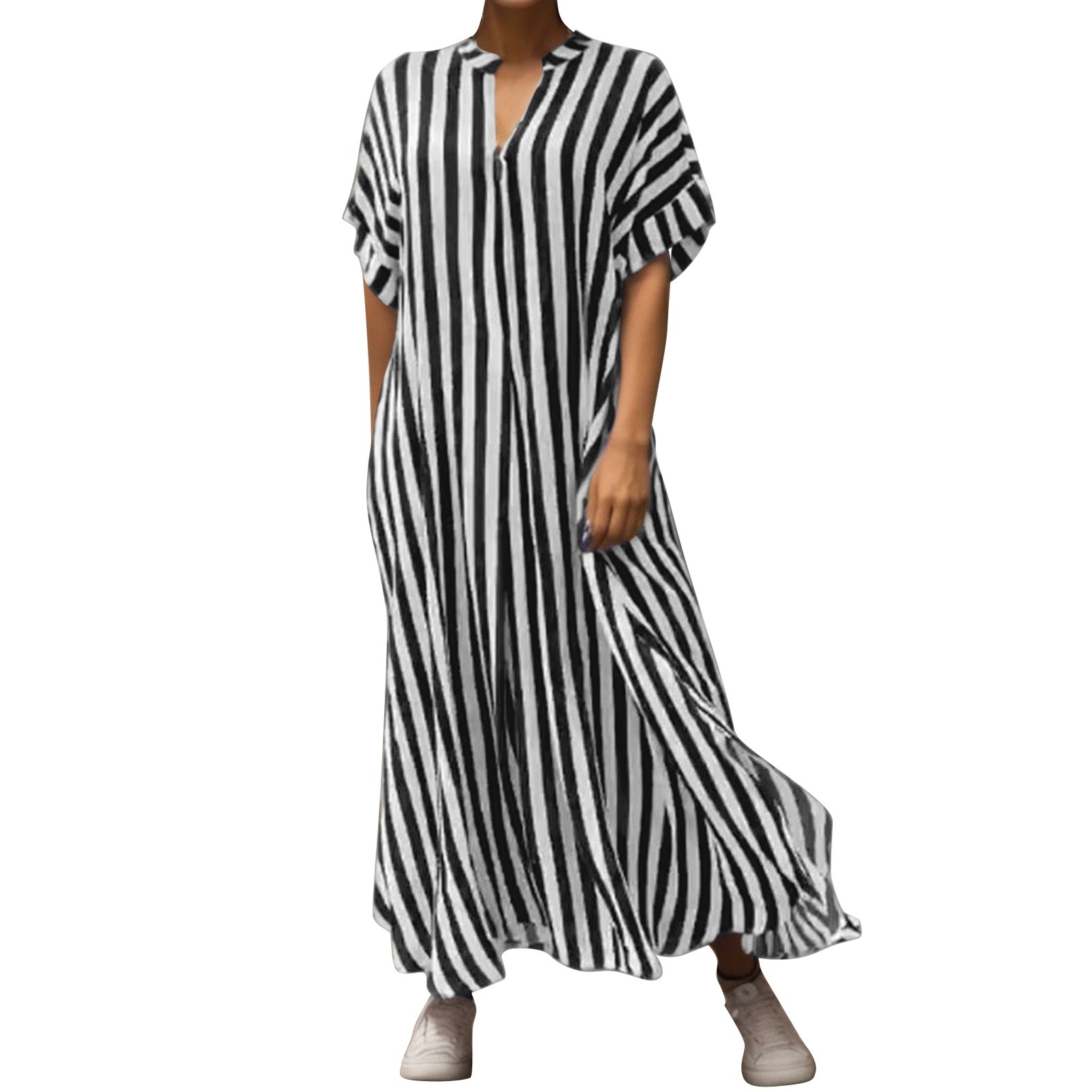 Fshinging Dresses For Women 2025 Striped Open Front Short Sleeve Maxi ...
