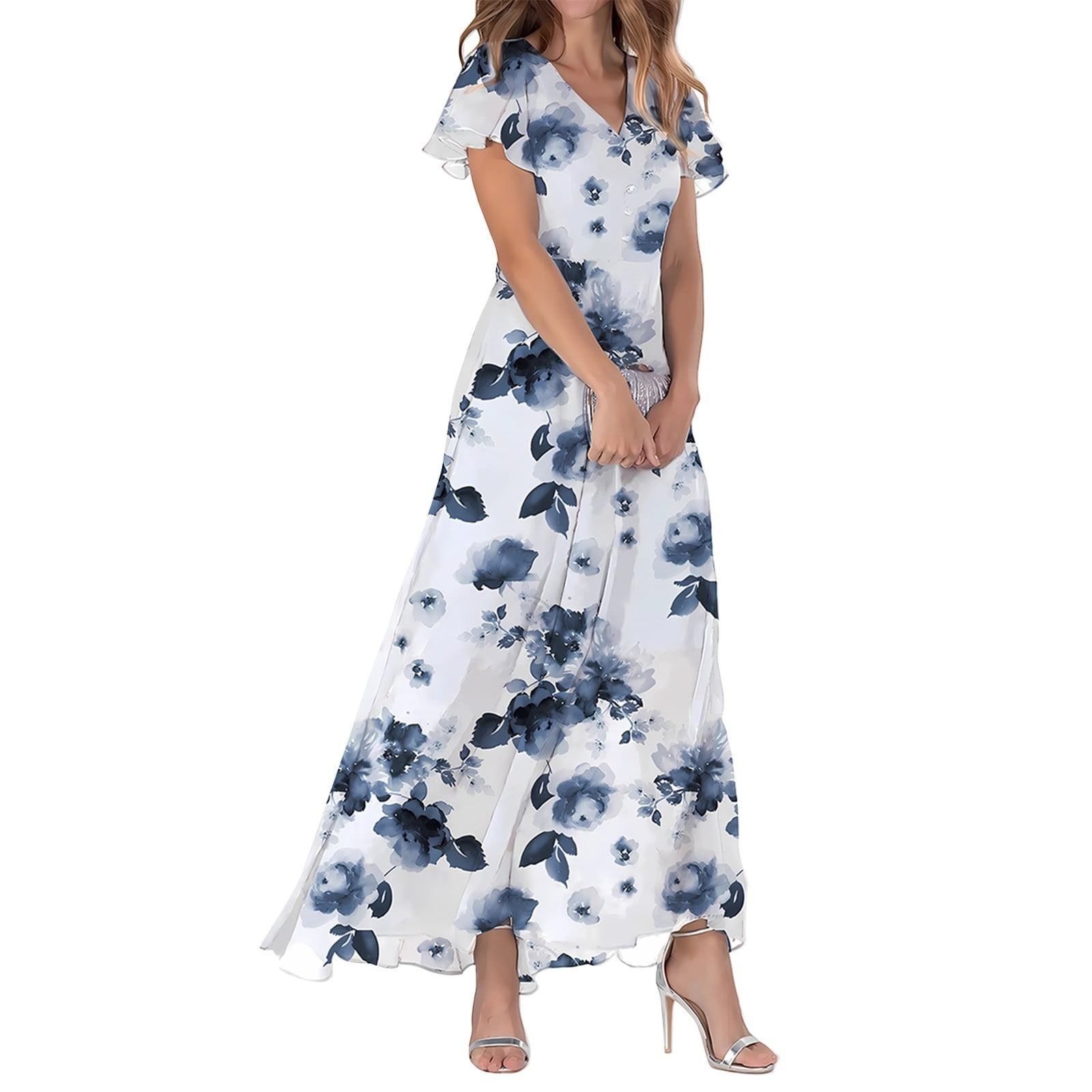 Fshinging Dresses For Women 2025 Swing Long Chiffon Floral Short Sleeve ...