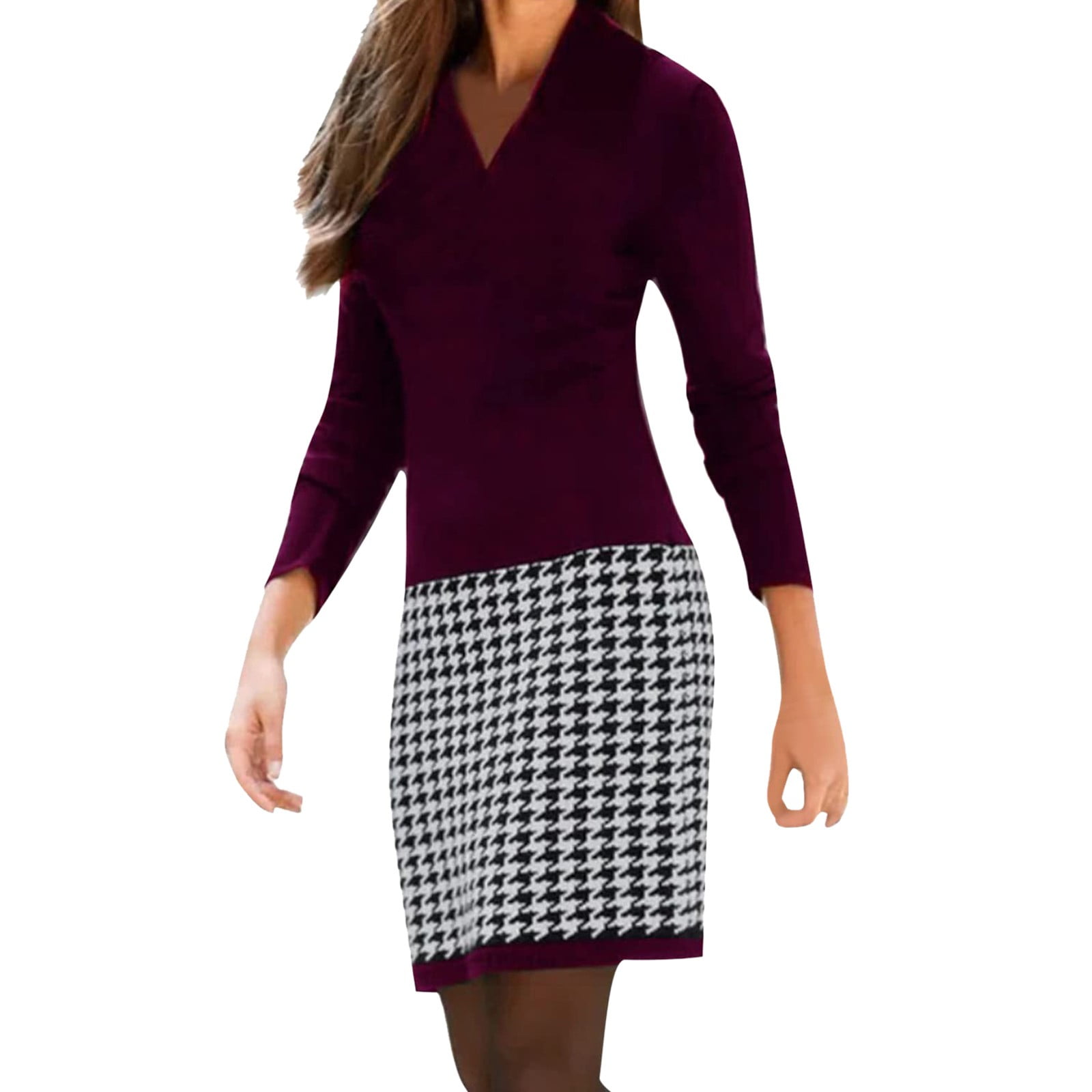 Fshinging Elegant Women Dresses Stitching Long Sleeve V Neck Business ...