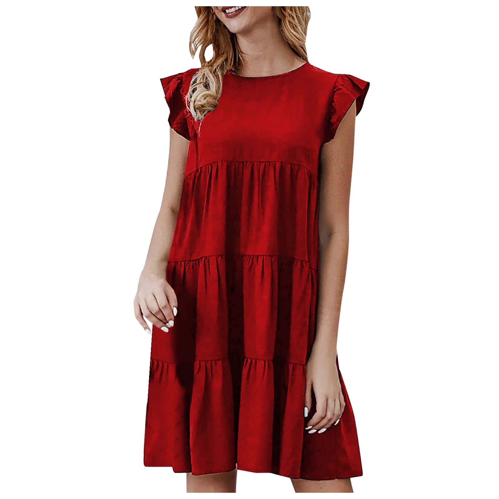 Fshinging Formal Dresses For Women Solid Color Round Neck Short Sleeve ...