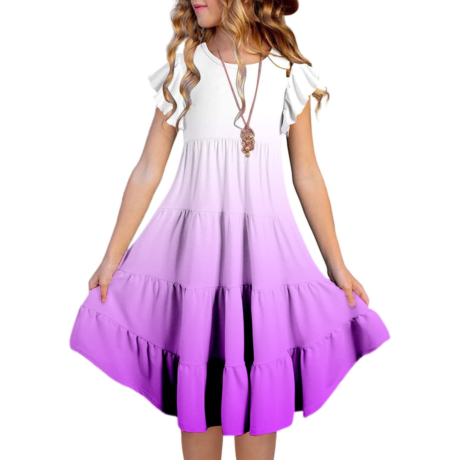 Fshinging Girls Dresses Vintage Floral Print Gradient Layered A Line ...