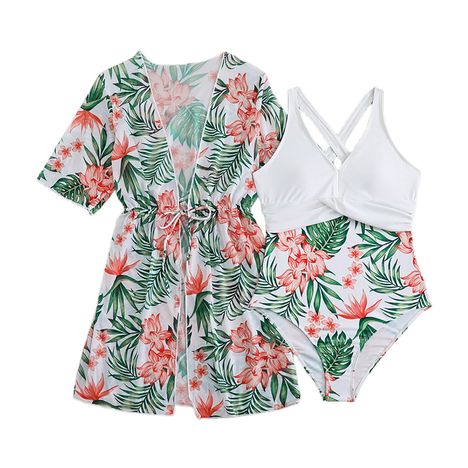 Fshinging Girls Swimsuit 3 Piece Green Floral Prints Briefs Beach Set ...