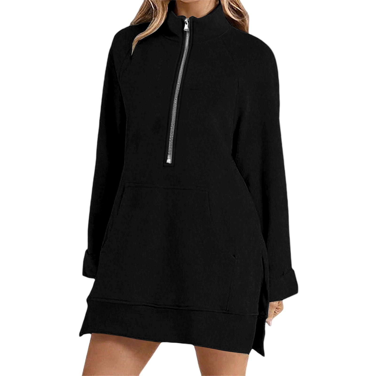 Fshinging Hoodies Sweatshirt For Women Half Zip Side Slit Long Loose ...