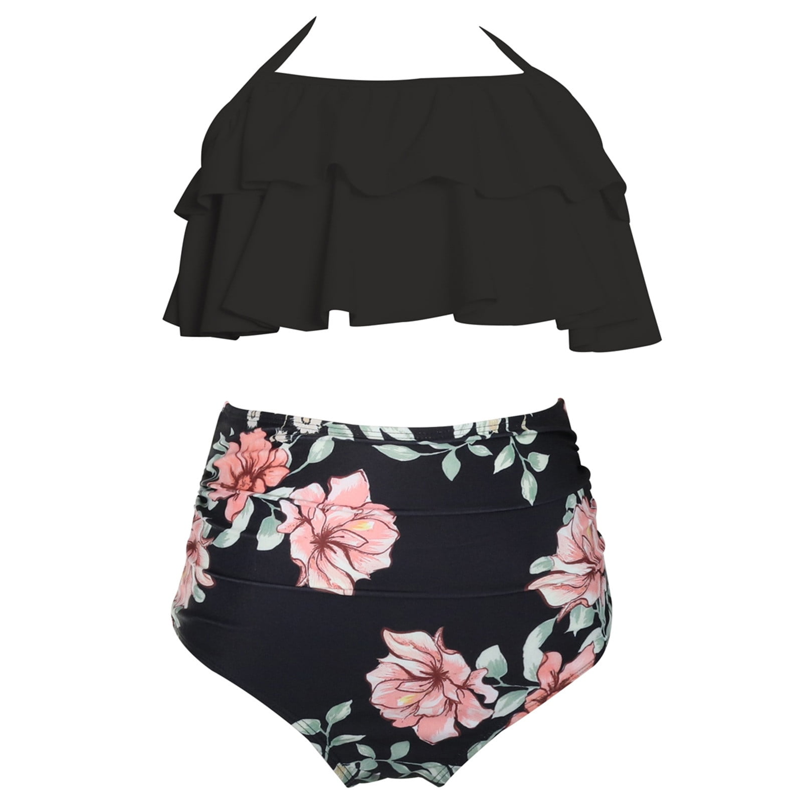 Kids Swimwear Solid Color Ruffles Halter Bikini Tops+High Waist Briefs ...